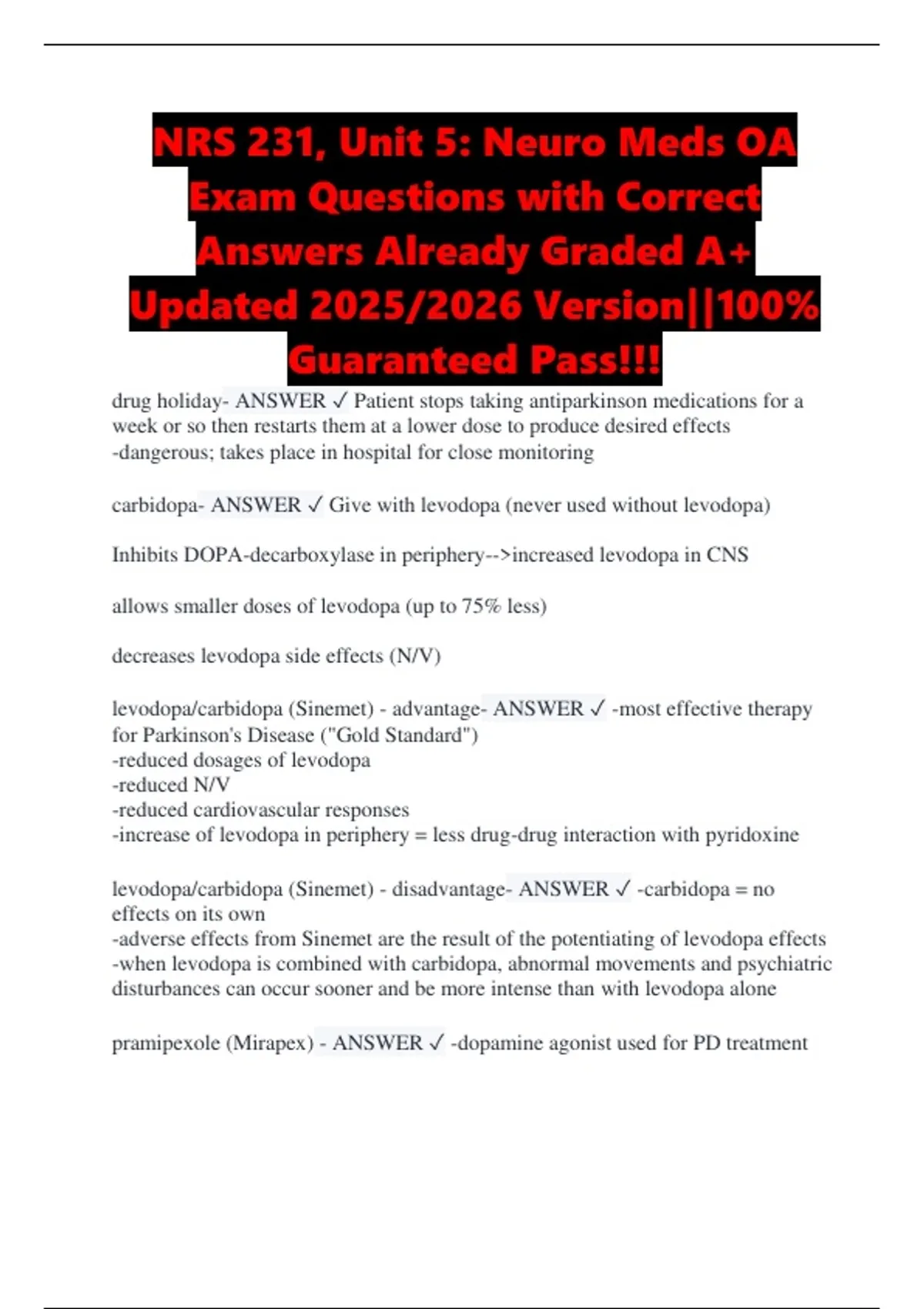 NRS 231, Unit 5: Neuro Meds OA Exam Questions with Correct Answers ...