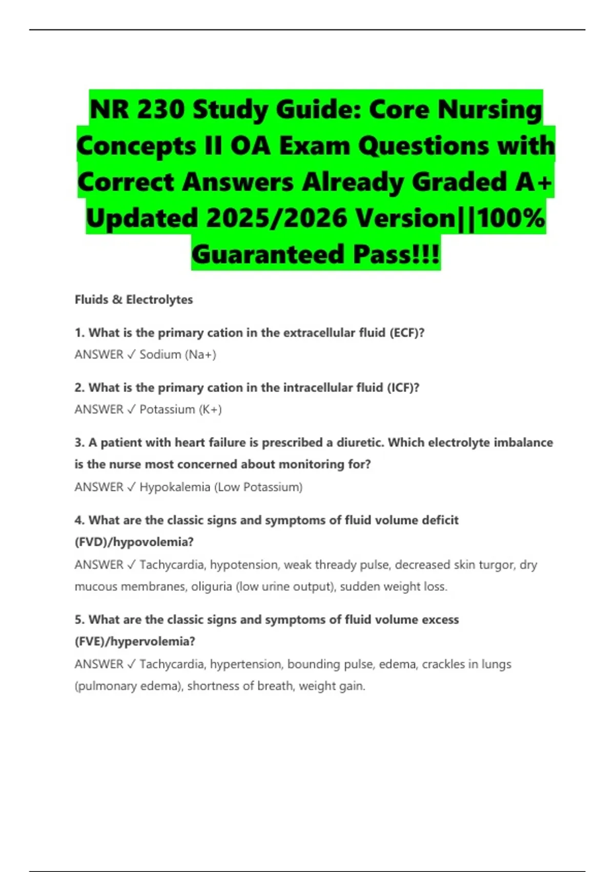 NR 230 Study Guide: Core Nursing Concepts II OA Exam Questions with ...