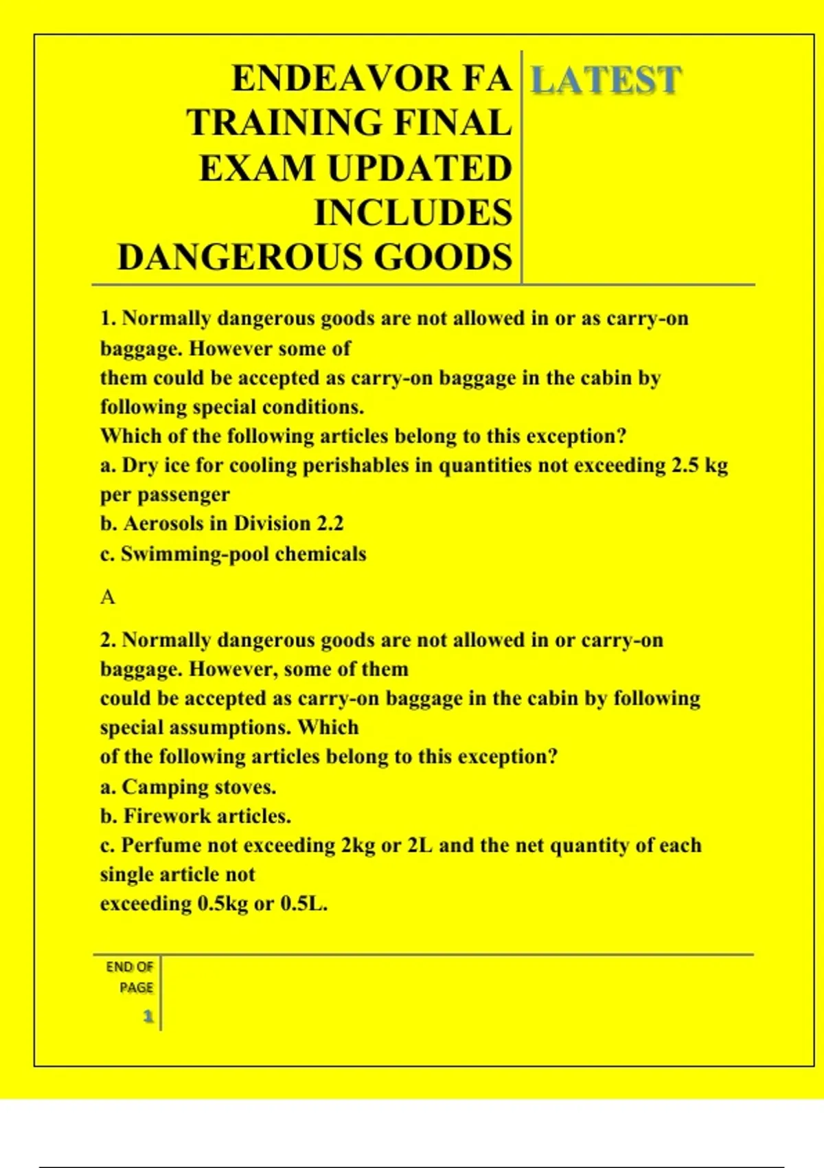 ENDEAVOR FA TRAINING FINAL EXAM UPDATED INCLUDES DANGEROUS GOODS ...