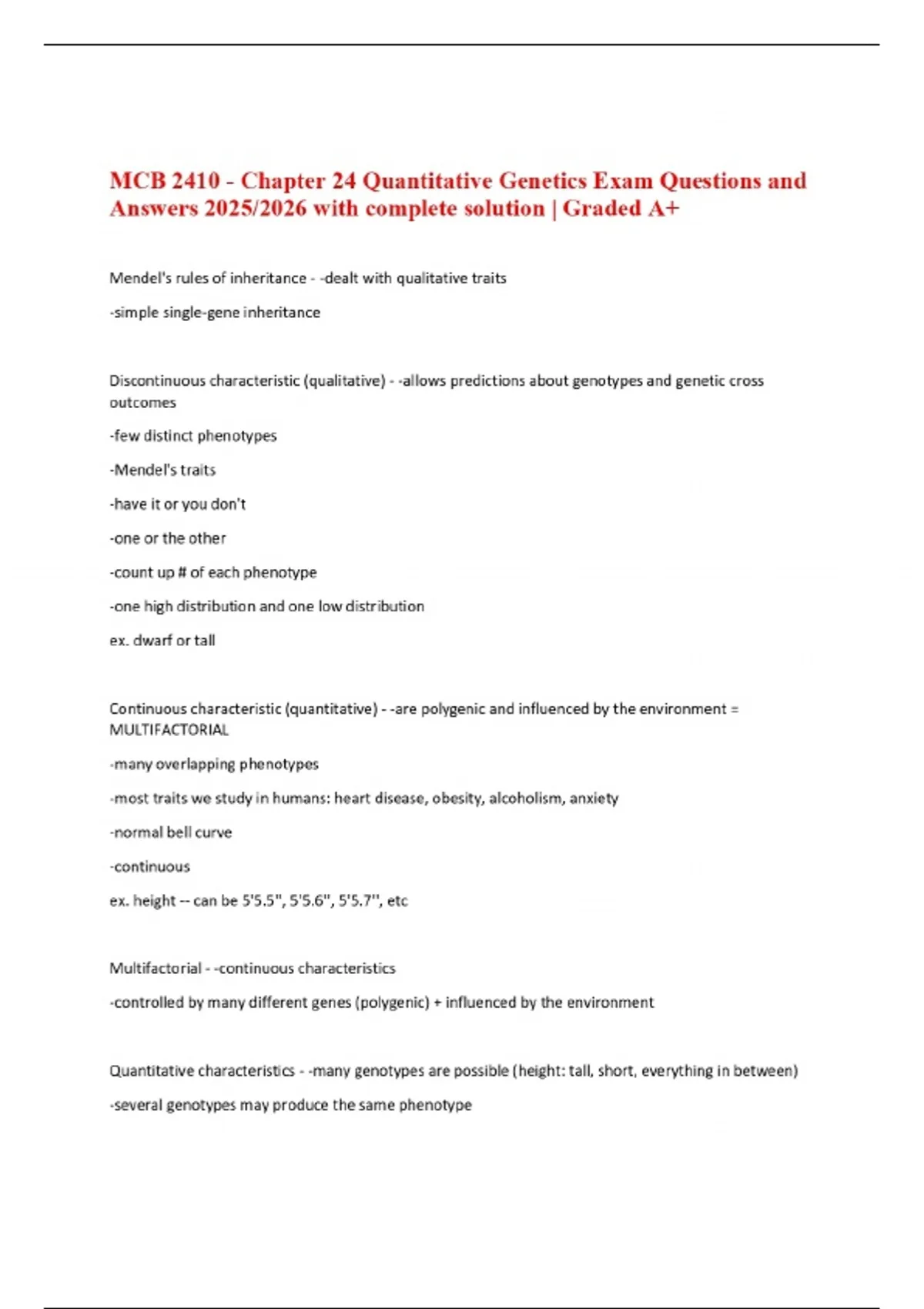 MCB 2410 - Chapter 24 Quantitative Genetics Exam Questions and Answers ...