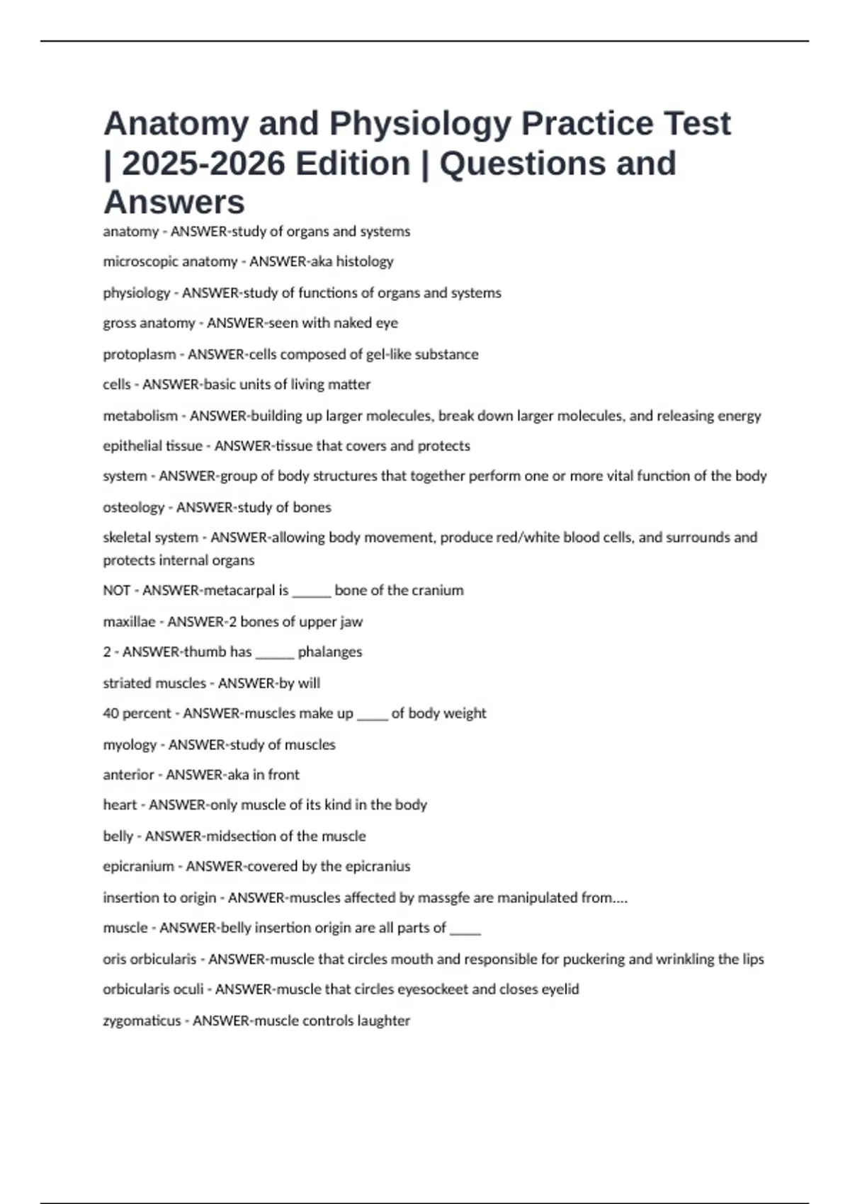 Anatomy and Physiology Practice Test | Edition | Questions and Answers ...