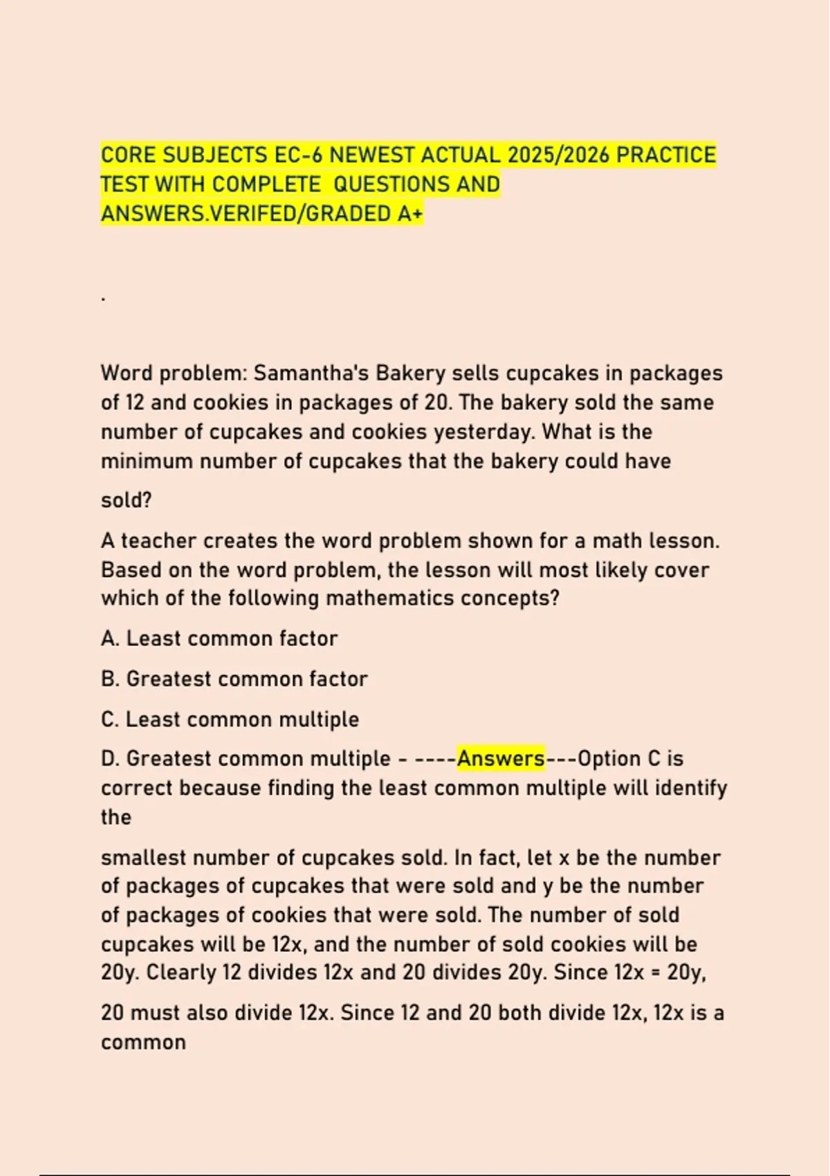 CORE SUBJECTS EC-6 NEWEST ACTUAL 2025/2026 PRACTICE TEST WITH COMPLETE ...