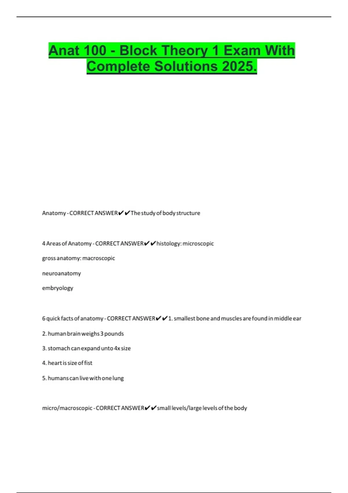 Anat 100 - Block Theory 1 Exam With Complete Solutions 2025 - Anat 100 ...