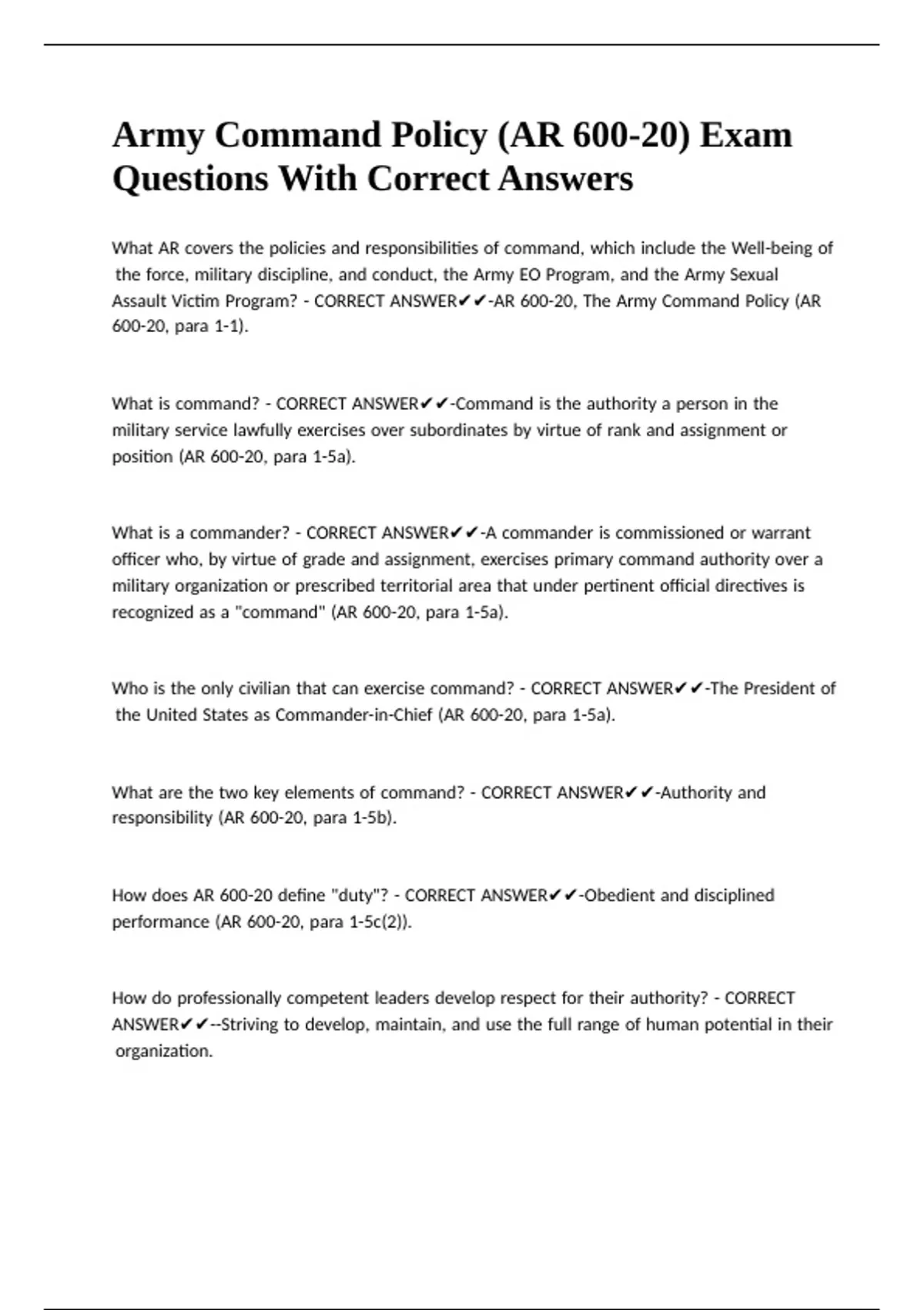 Army Command Policy (AR 600-20) Exam Questions With Correct Answers - AR 600 - Stuvia US