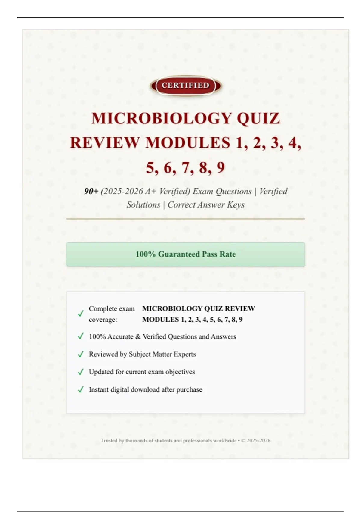 MICROBIOLOGY QUIZ REVIEW MODULES 1, 2, 3, 4, 5, 6, 7, 8, 9 | 90+ ( A+ ...