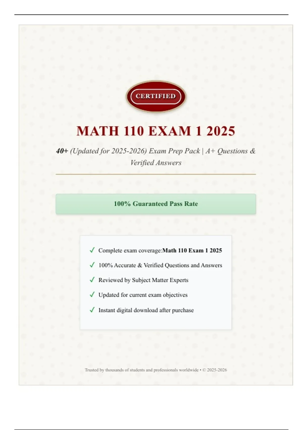 MATH 110 EXAM 1 2025 40+ (Updated for ) Exam Prep Pack | A+ Questions ...