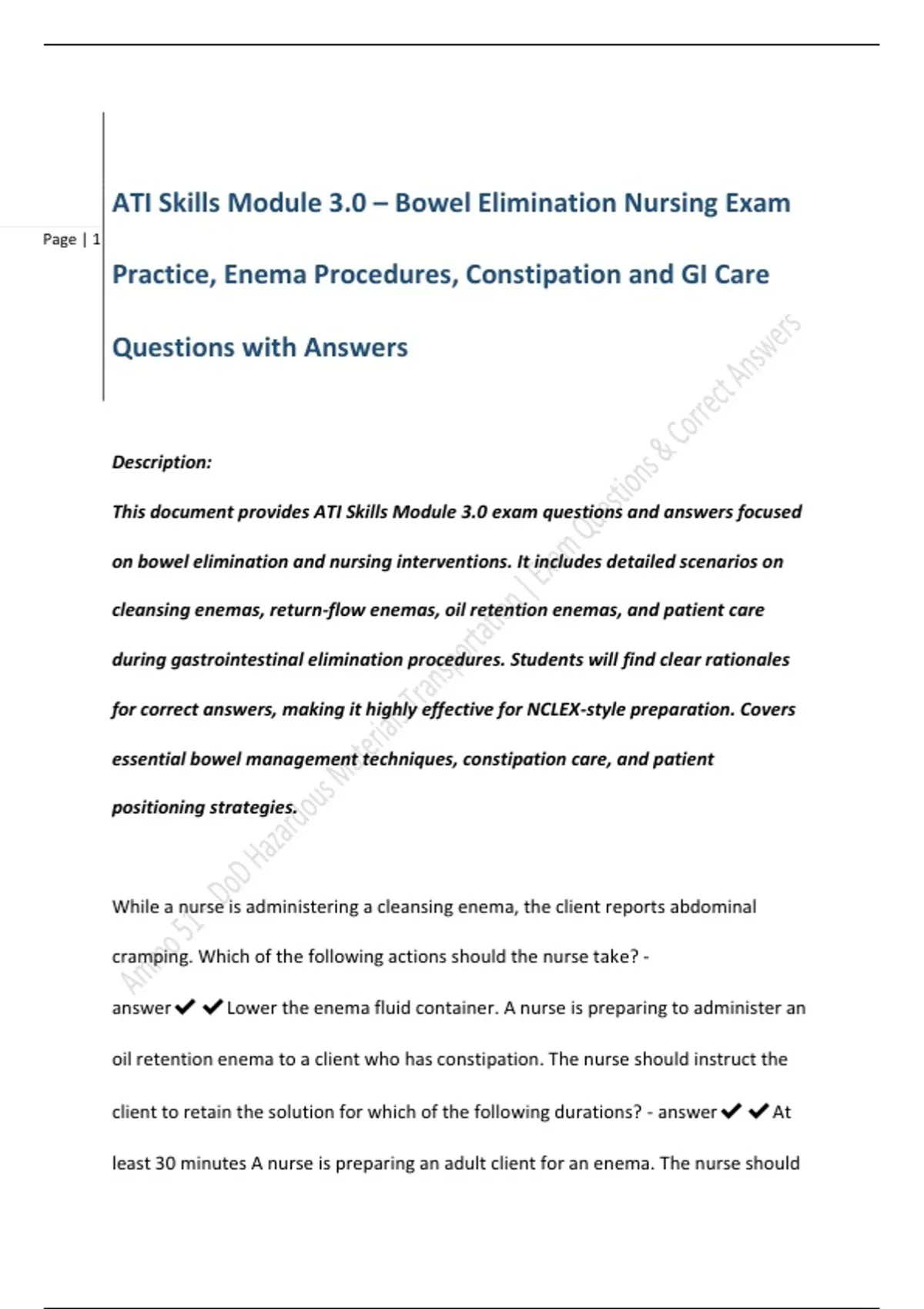 ATI Skills Module 3.0 – Bowel Elimination Nursing Exam Practice, Enema ...