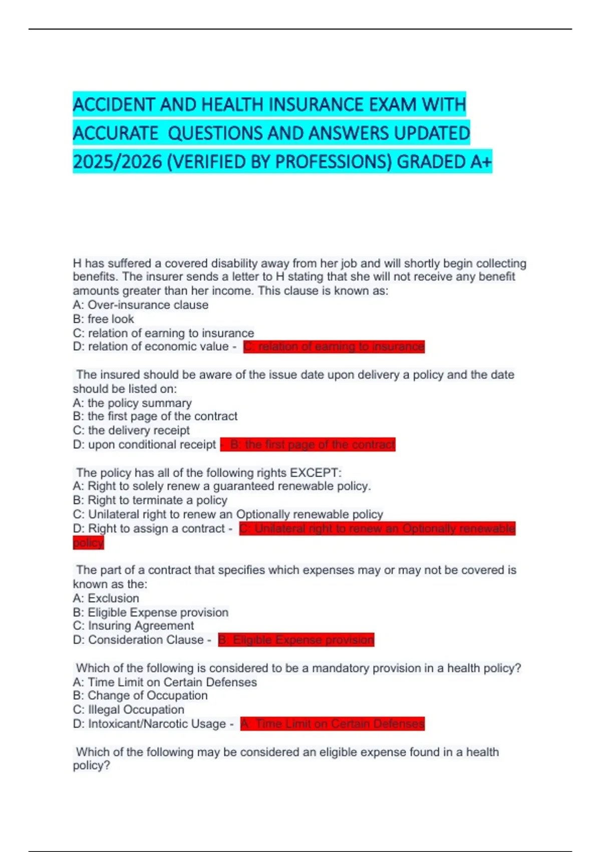 ACCIDENT AND HEALTH INSURANCE EXAM WITH ACCURATE QUESTIONS AND ANSWERS ...