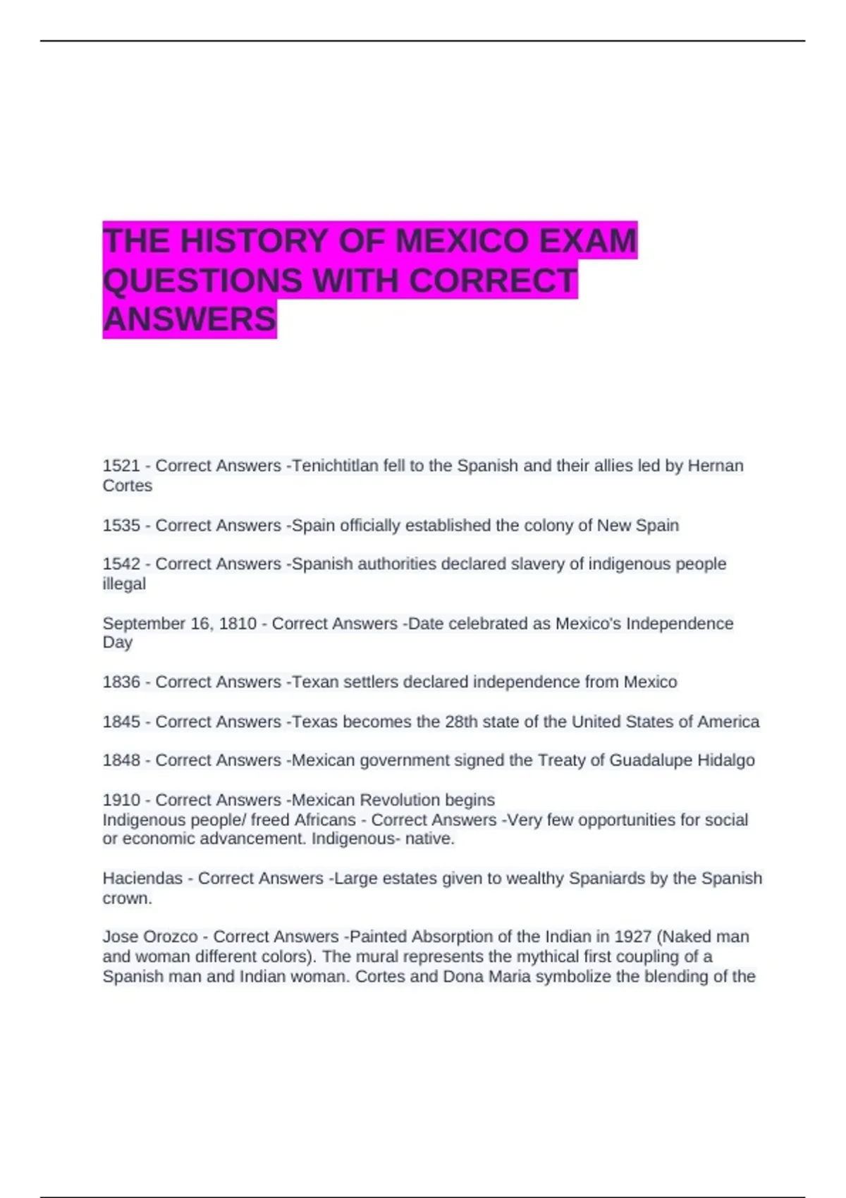 THE HISTORY OF MEXICO EXAM QUESTIONS WITH CORRECT ANSWERS - MEXICO ...