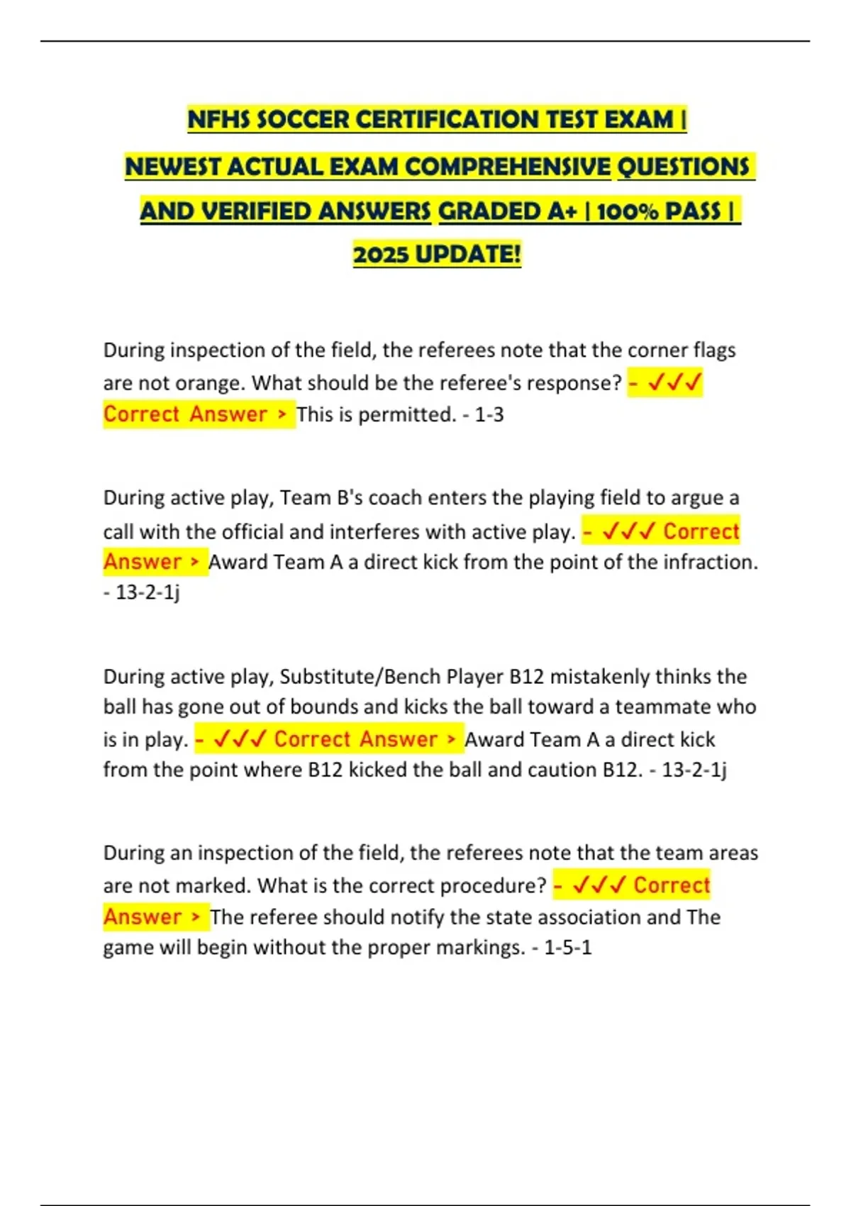 NFHS SOCCER CERTIFICATION TEST EXAM | NEWEST ACTUAL EXAM COMPREHENSIVE ...