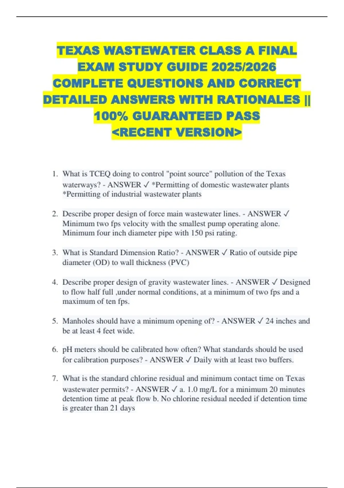 TEXAS WASTEWATER CLASS A FINAL EXAM STUDY GUIDE 2025/2026 COMPLETE ...