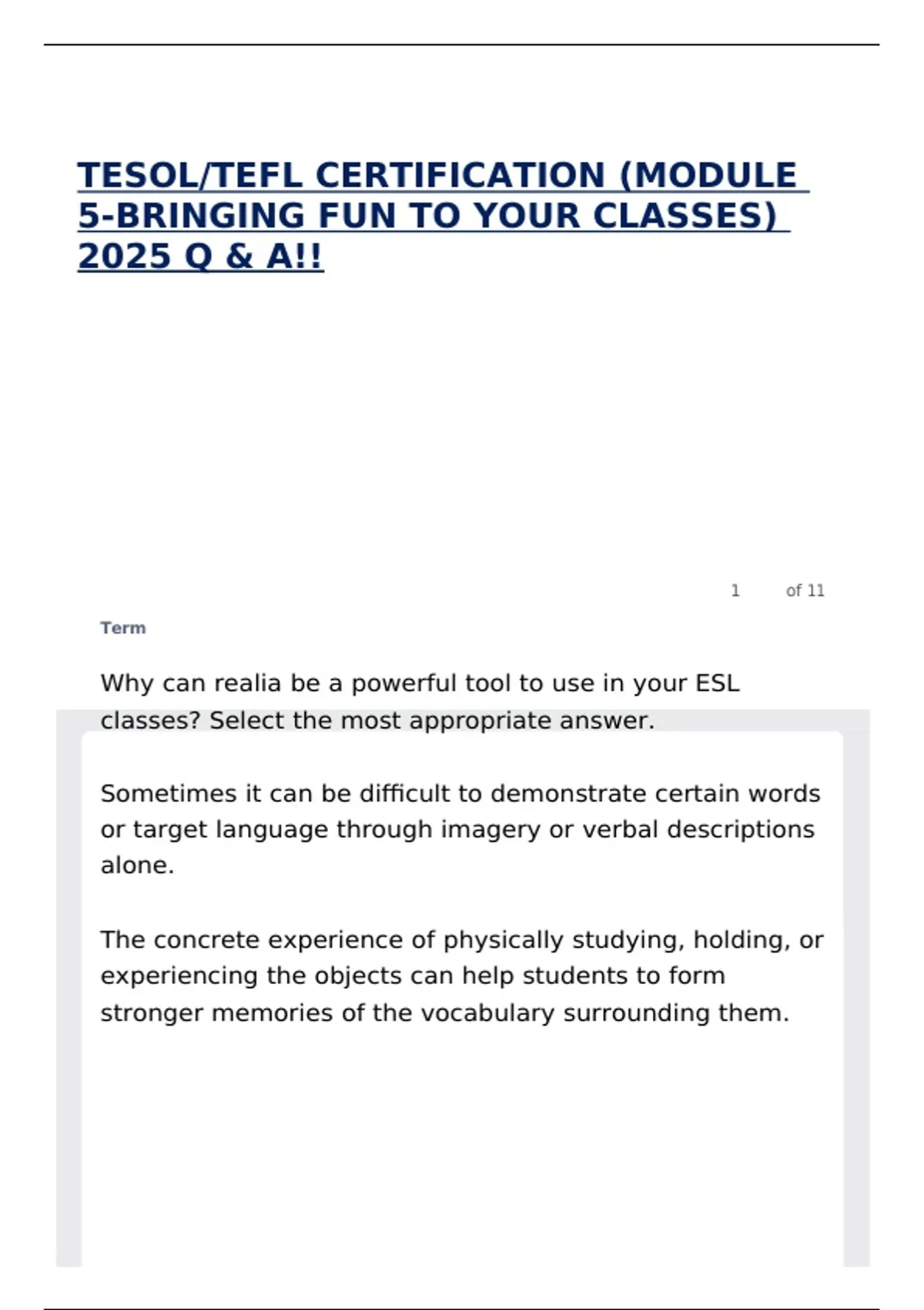 TESOL/TEFL CERTIFICATION (MODULE 5-BRINGING FUN TO YOUR CLASSES) 2025 Q ...