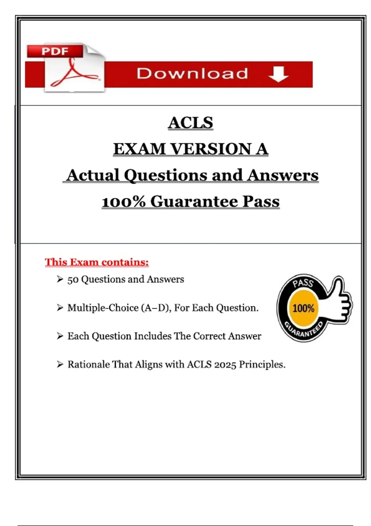 ACLS Exam Version A & B – Final Exam Questions and Correct Answers – Complete Bundle ...