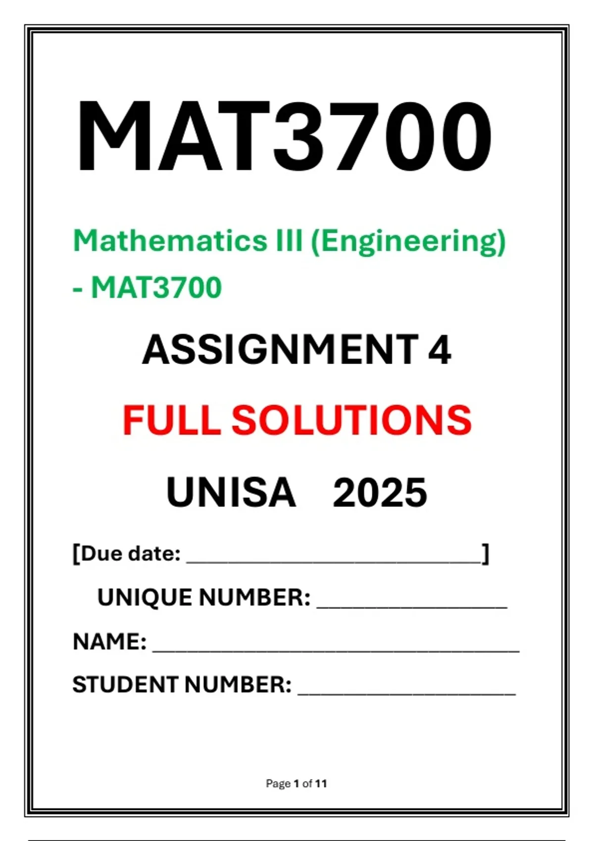 MAT3700 Assignment 4 Complete Solutions UNISA 2025 Mathematics III Mathematics III (Engineering ...