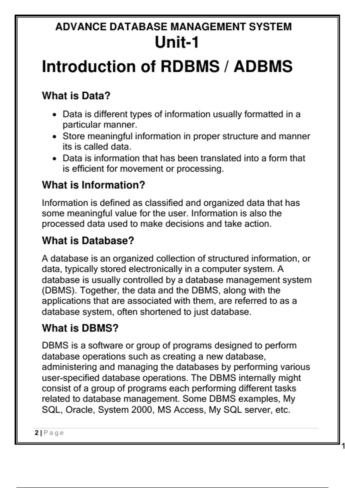 "Advanced Database Management System (ADBMS) Notes PDF | Complete Unit ...