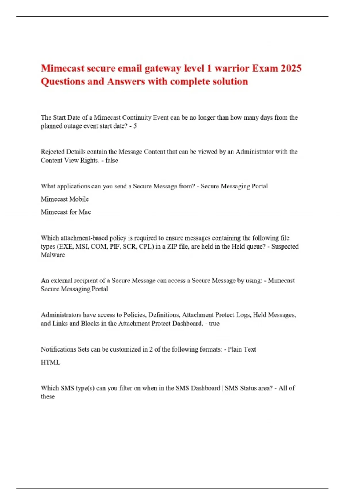 Mimecast secure email gateway level 1 warrior Exam 2025 Questions and ...