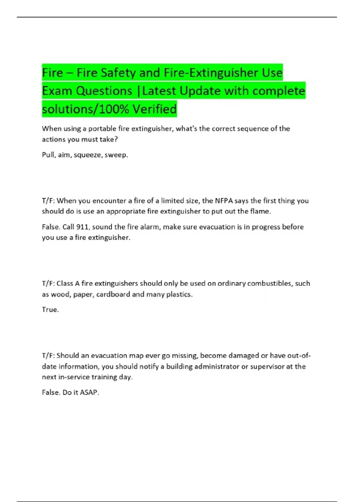 Fire – Fire Safety and Fire-Extinguisher Use Exam Questions |Latest ...