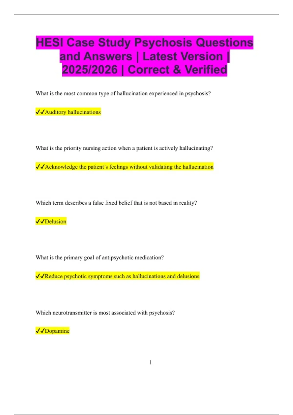 HESI Case Study Psychosis Questions and Answers | Latest Version | 2025 ...