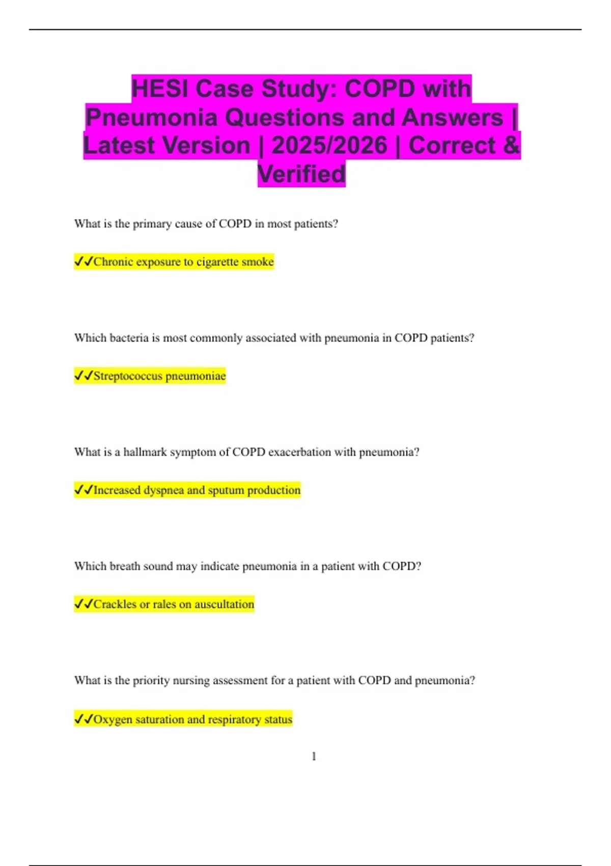 HESI Case Study: COPD with Pneumonia Questions and Answers | Latest ...