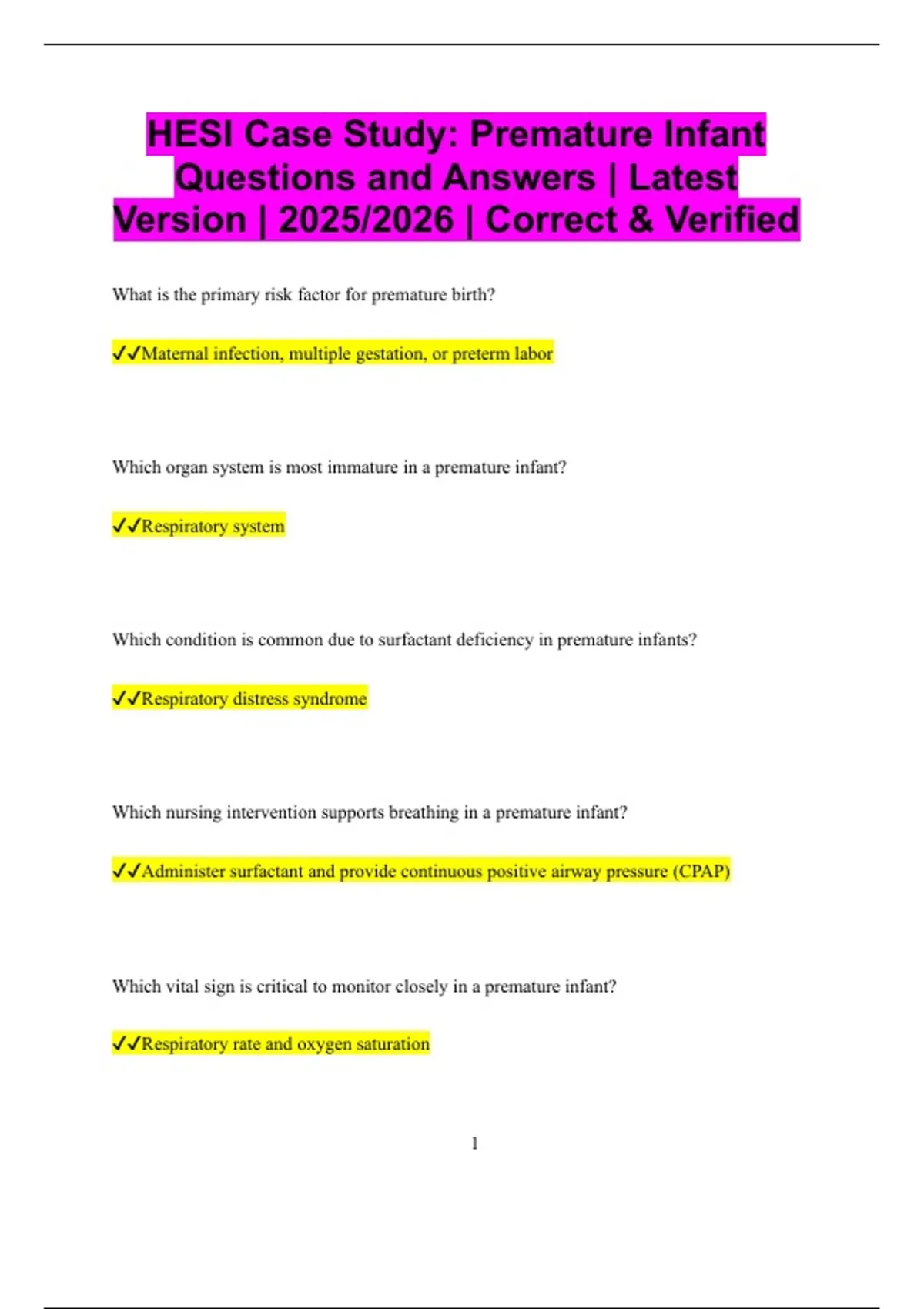 HESI Case Study: Premature Infant Questions and Answers | Latest ...