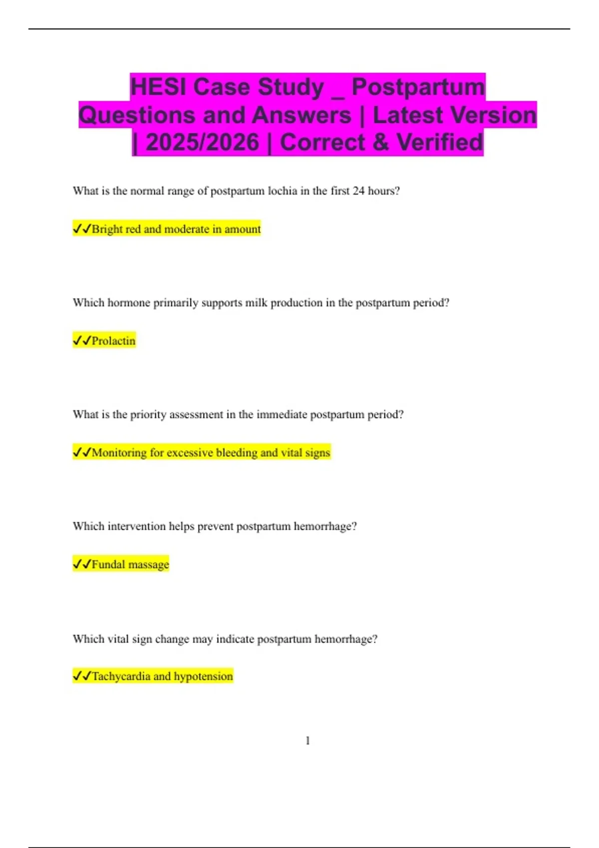 HESI Case Study _ Postpartum Questions and Answers | Latest Version ...