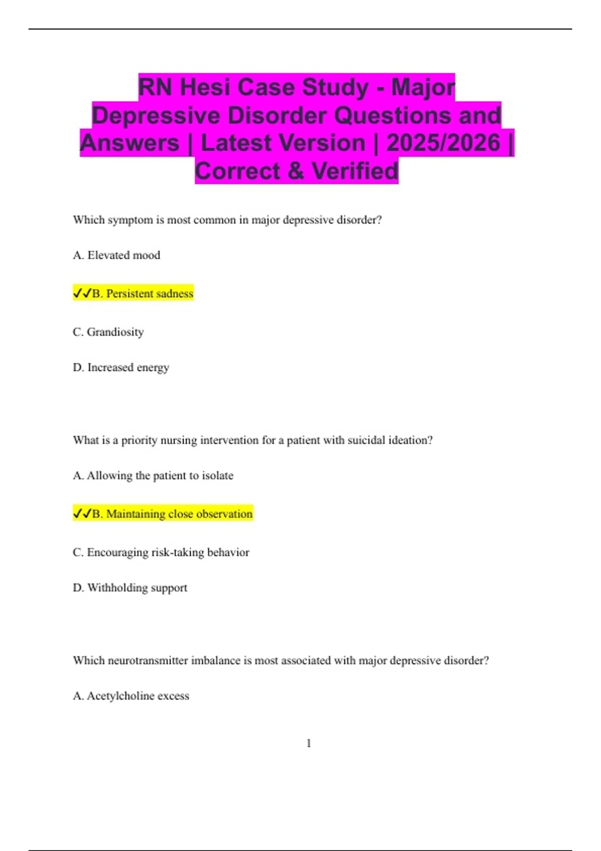 RN Hesi Case Study - Major Depressive Disorder Questions and Answers ...