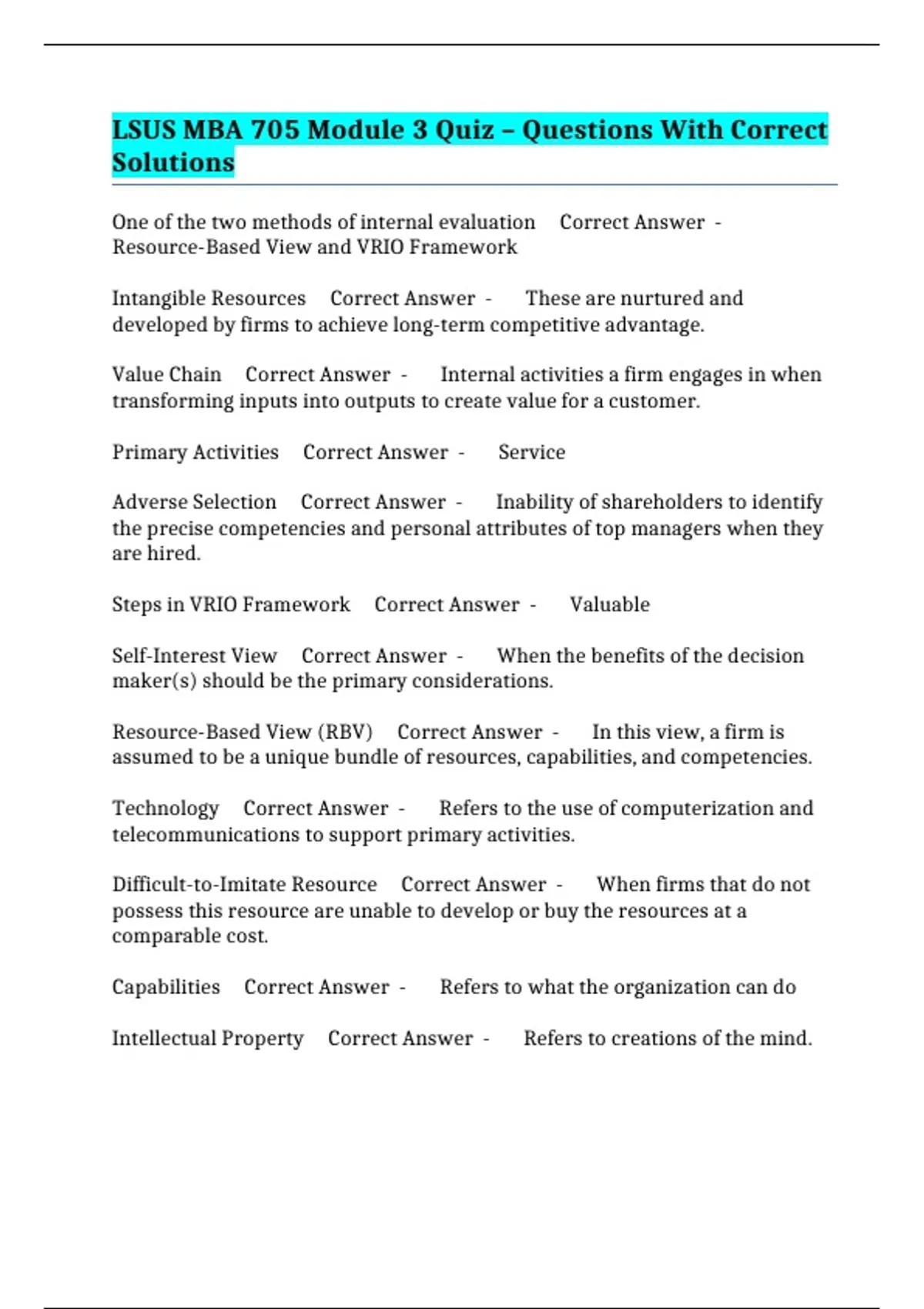 LSUS MBA 705 Module 3 Quiz – Questions With Correct Solutions - LSUS ...
