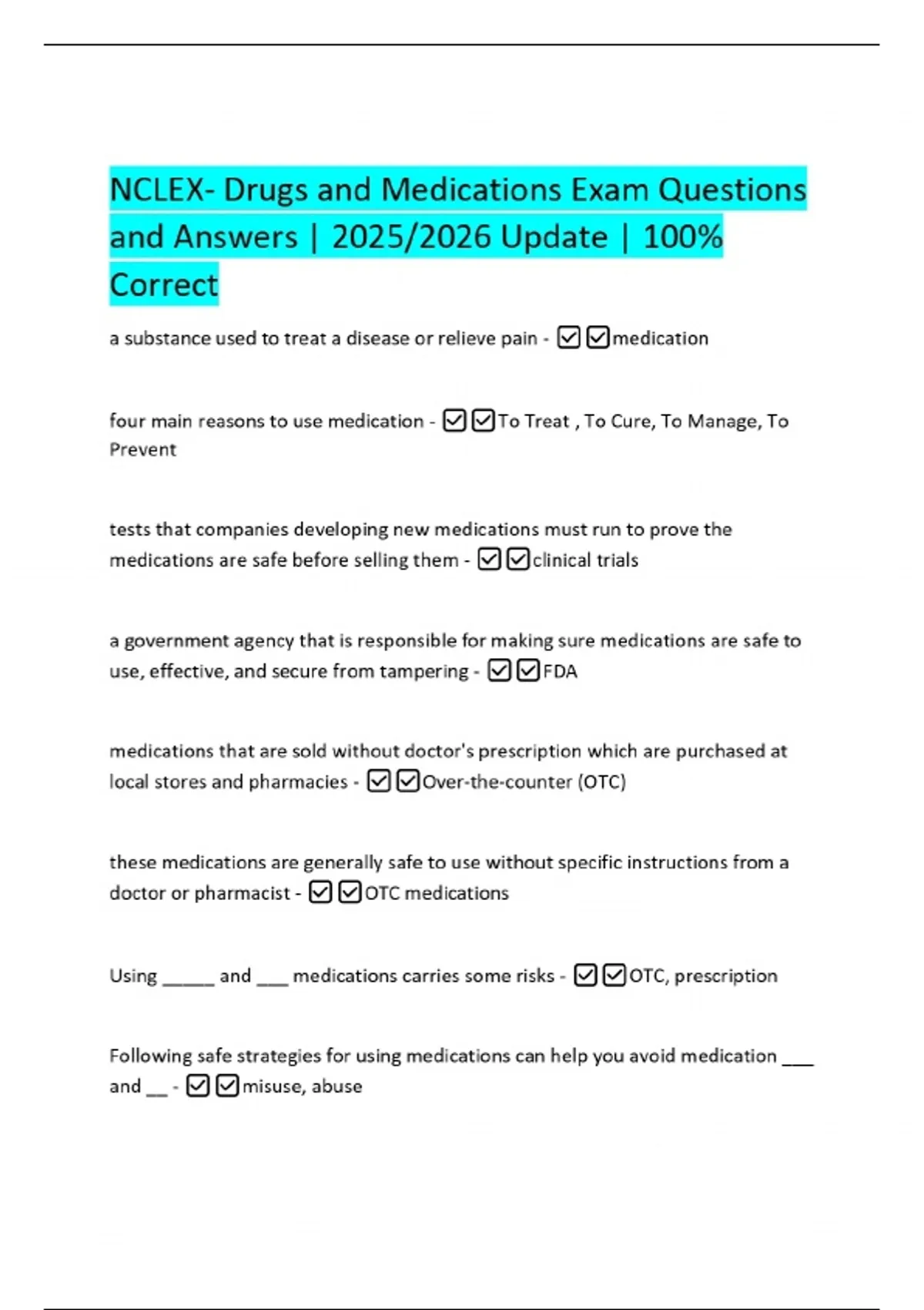 NCLEX- Drugs and Medications Exam Questions and Answers | 2025/2026 ...