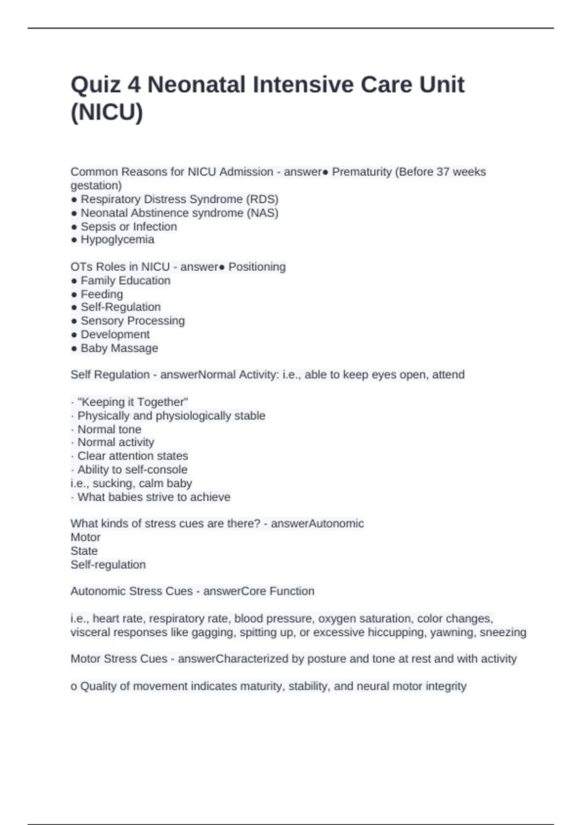 Quiz 4 Neonatal Intensive Care Unit (NICU) Questions and Answers - NICU ...