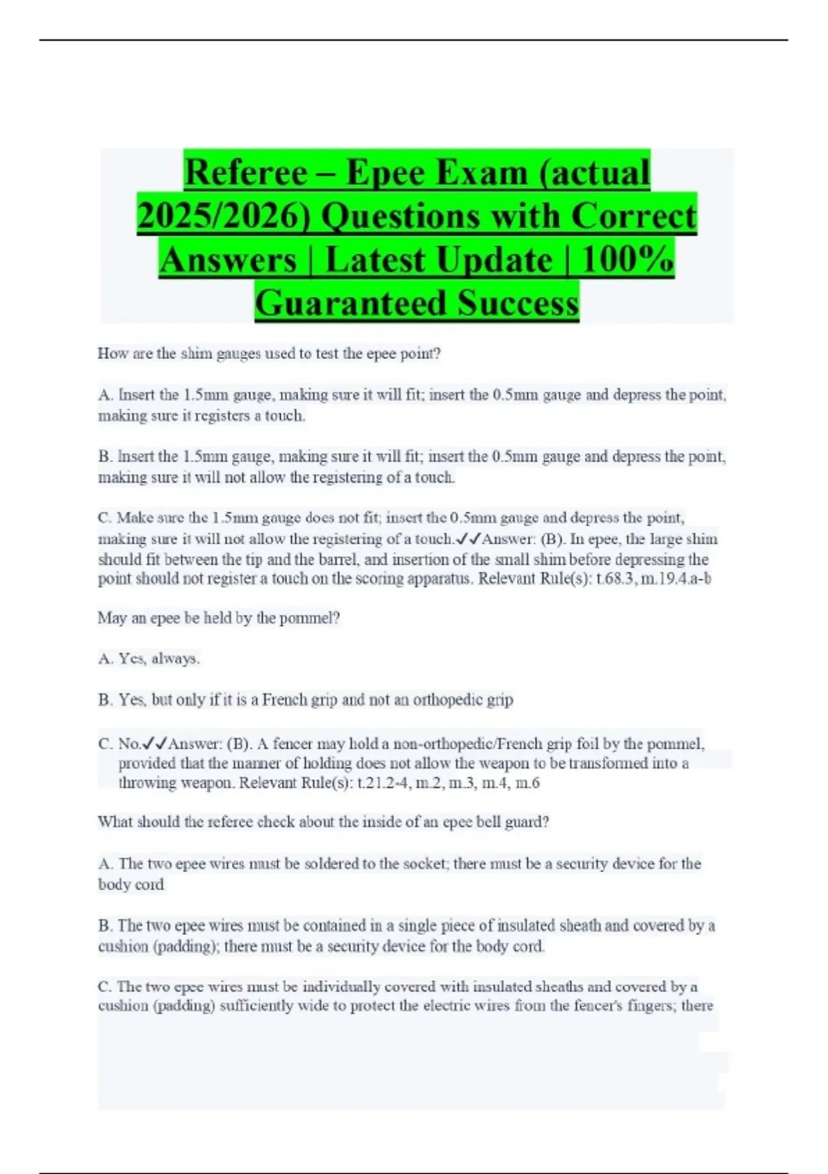 Referee – Epee Exam (actual 2025/2026) Questions with Correct Answers ...