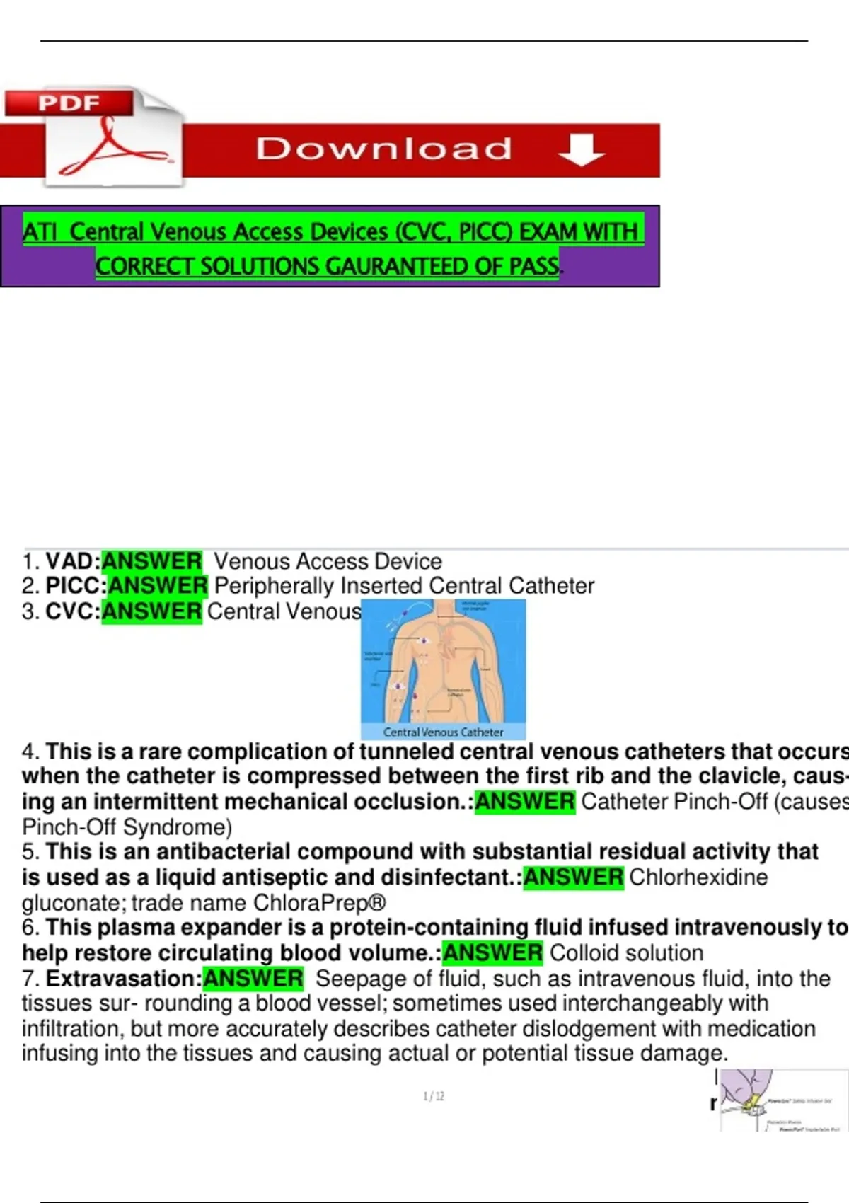 ATI Central Venous Access Devices (CVC, PICC) EXAM WITH CORRECT ...