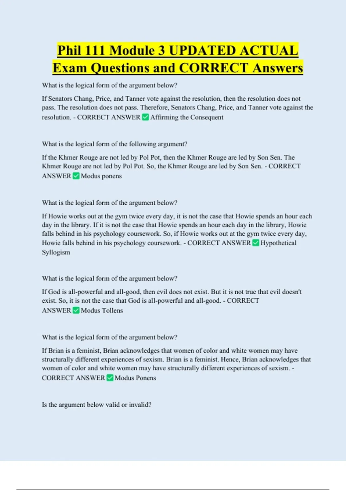 Phil 111 Module 3 UPDATED ACTUAL Exam Questions and CORRECT Answers ...