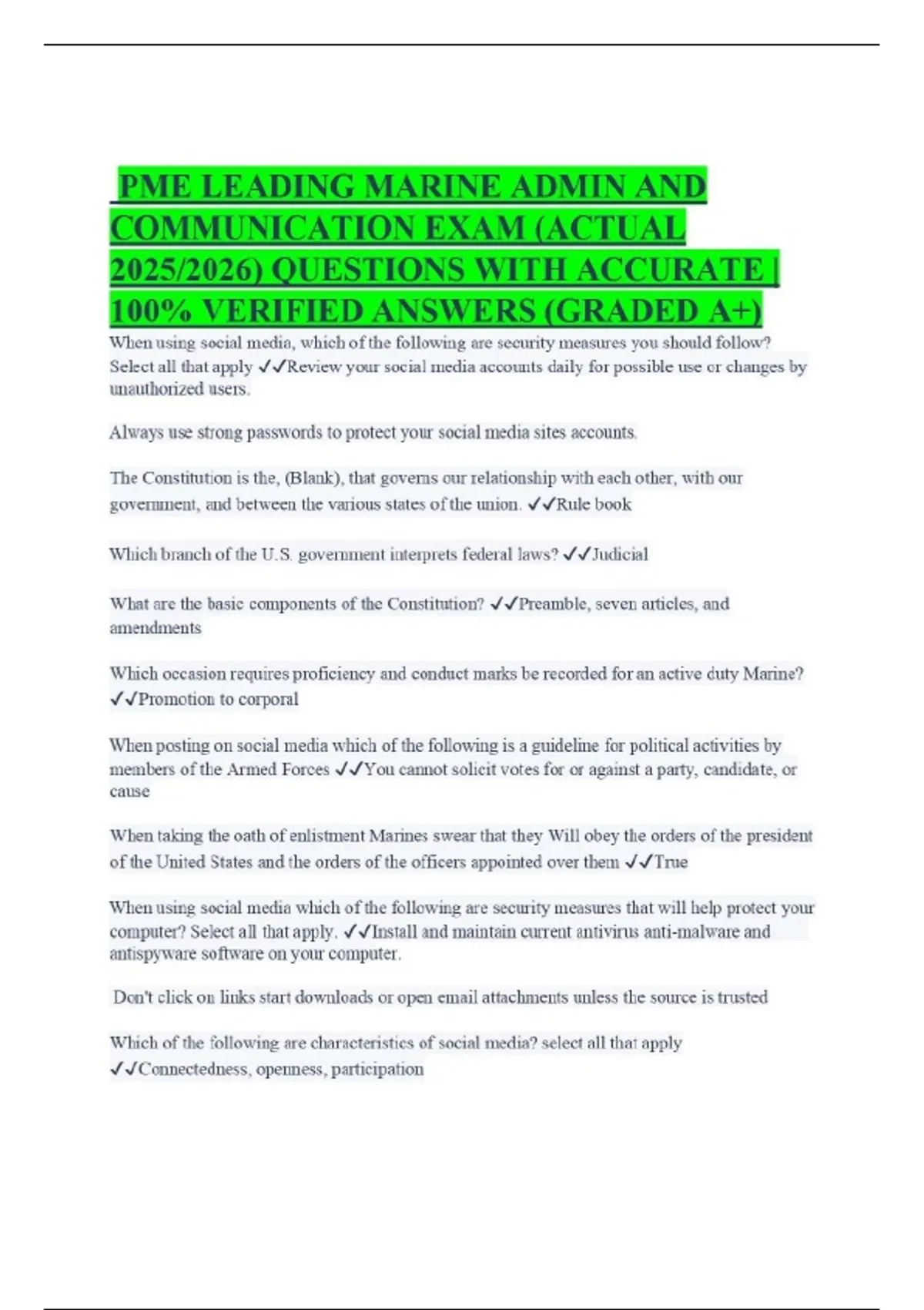 PME LEADING MARINE ADMIN AND COMMUNICATION EXAM (ACTUAL 2025/2026 ...