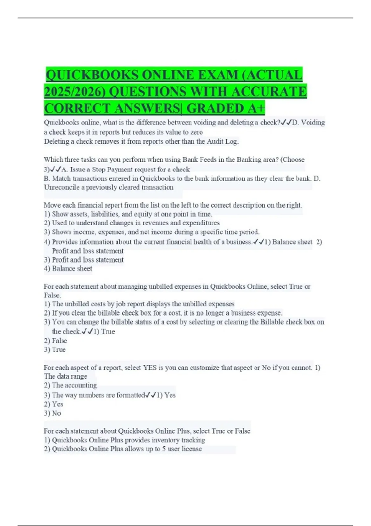 QUICKBOOKS ONLINE EXAM (ACTUAL 2025/2026) QUESTIONS WITH ACCURATE ...