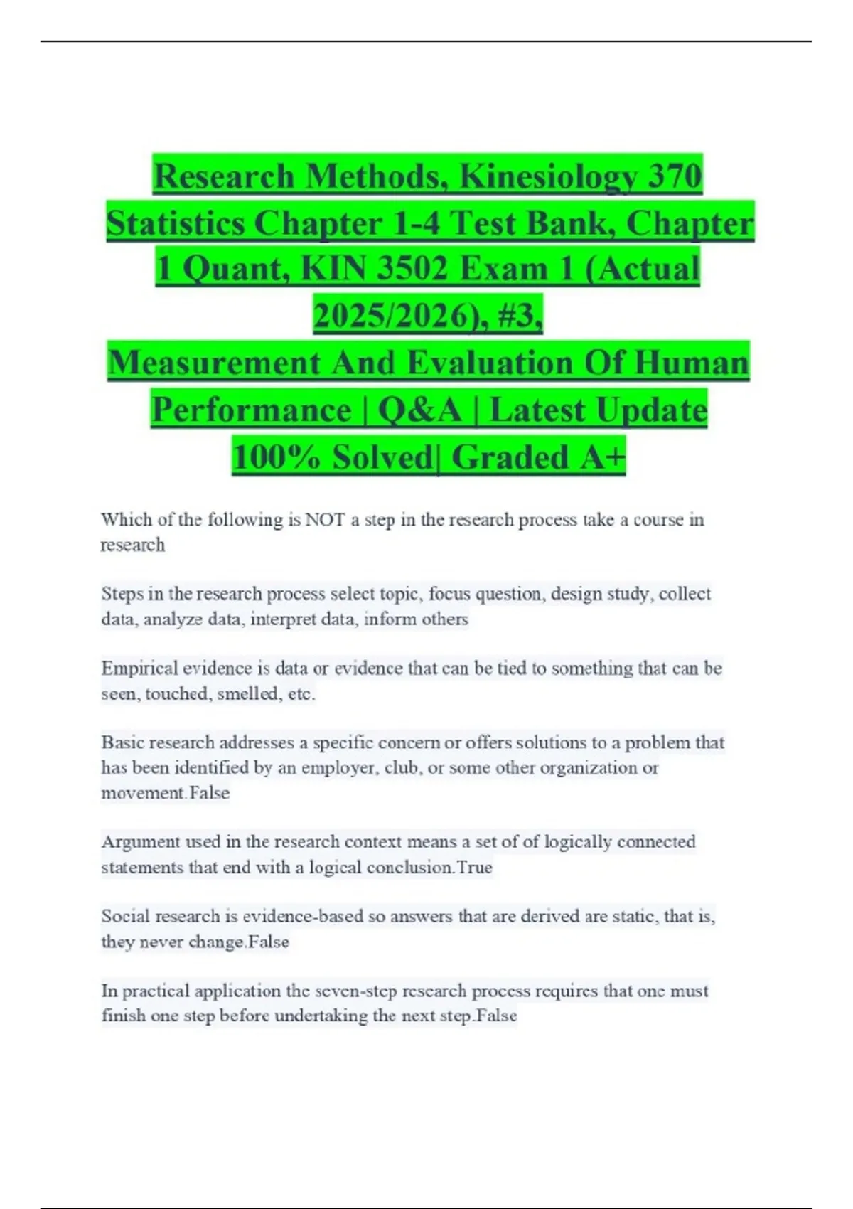 Research Methods, Kinesiology 370 Statistics Chapter 1-4 Test Bank ...