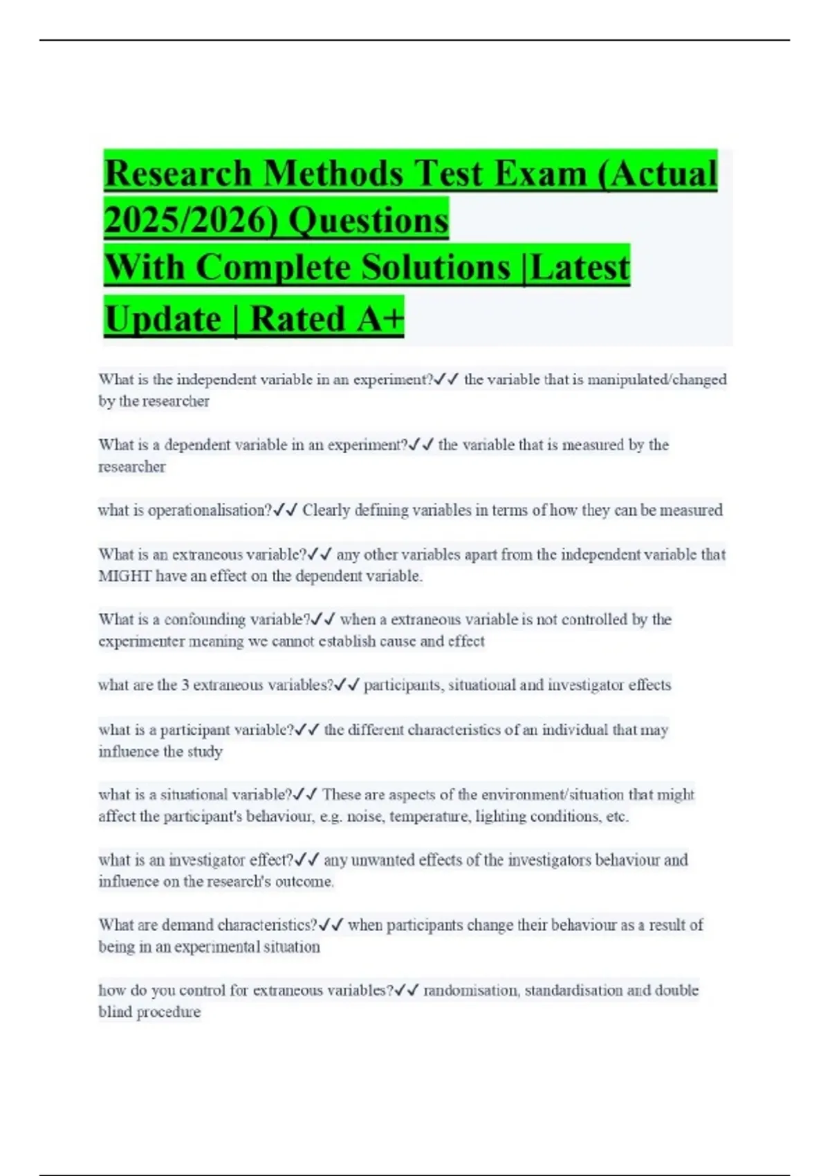 Research Methods Test Exam (Actual 2025/2026) Questions With Complete ...
