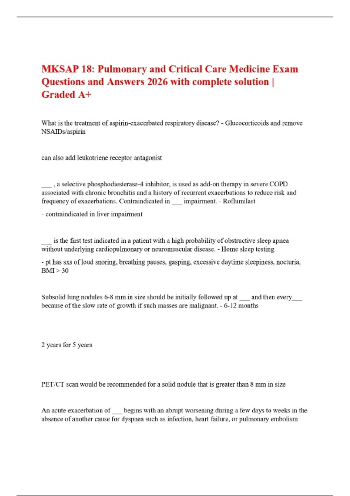 MKSAP 18: Pulmonary and Critical Care Medicine Exam Questions and ...