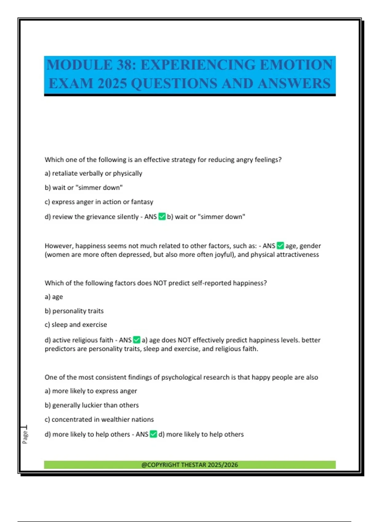 MODULE 38: EXPERIENCING EMOTION EXAM 2025 QUESTIONS AND ANSWERS ...