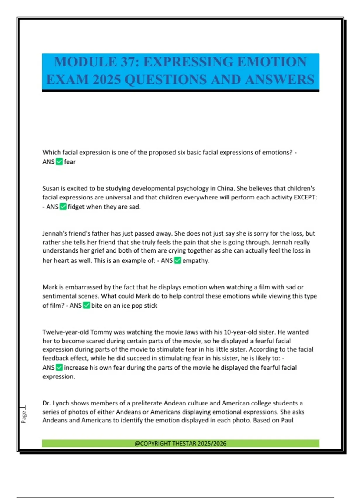 MODULE 37: EXPRESSING EMOTION EXAM 2025 QUESTIONS AND ANSWERS ...