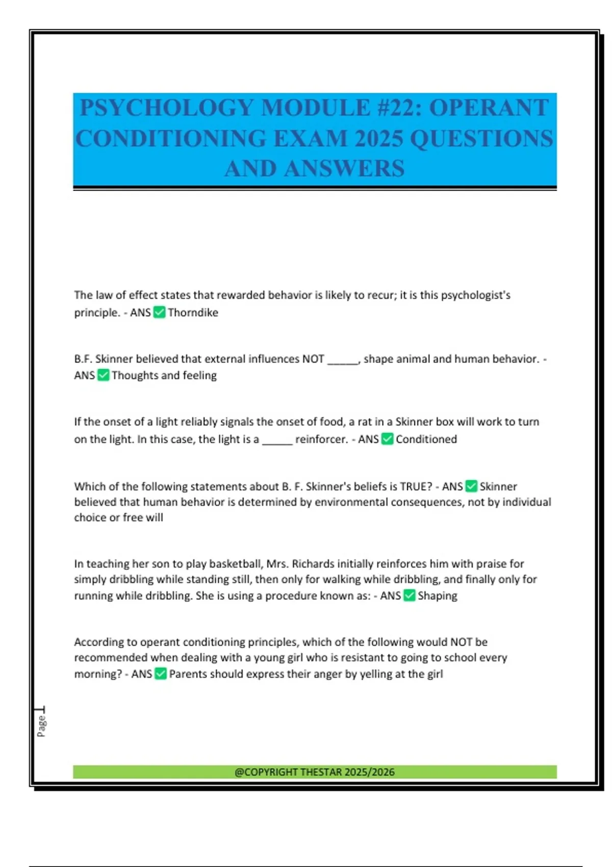 PSYCHOLOGY MODULE #22: OPERANT CONDITIONING EXAM 2025 QUESTIONS AND ...