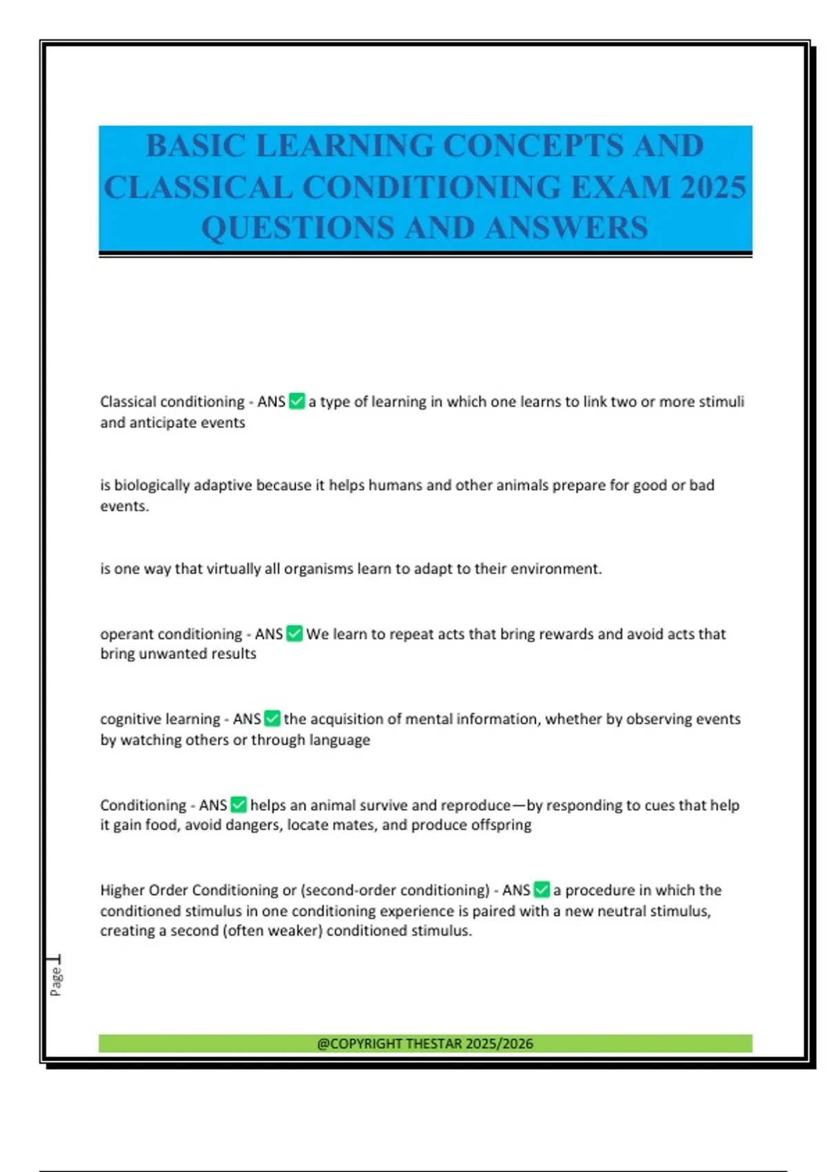BASIC LEARNING CONCEPTS AND CLASSICAL CONDITIONING EXAM 2025 QUESTIONS AND ANSWERS - PSYCHOLOGY ...