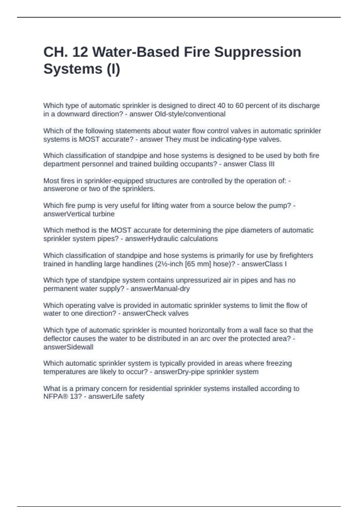 CH. 12 Water-Based Fire Suppression Systems (I) Questions with Correct ...