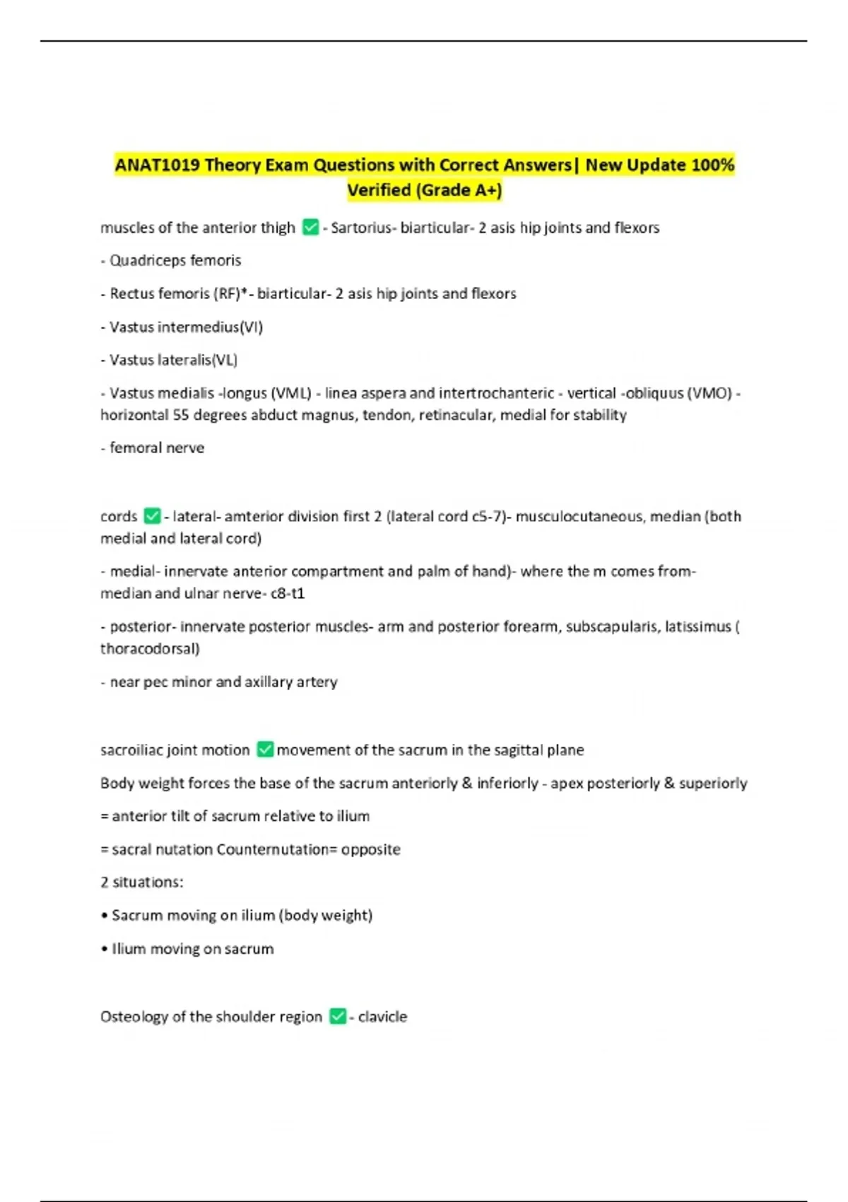 ANAT1019 Theory Exam Questions with Correct Answers| New Update 100% ...