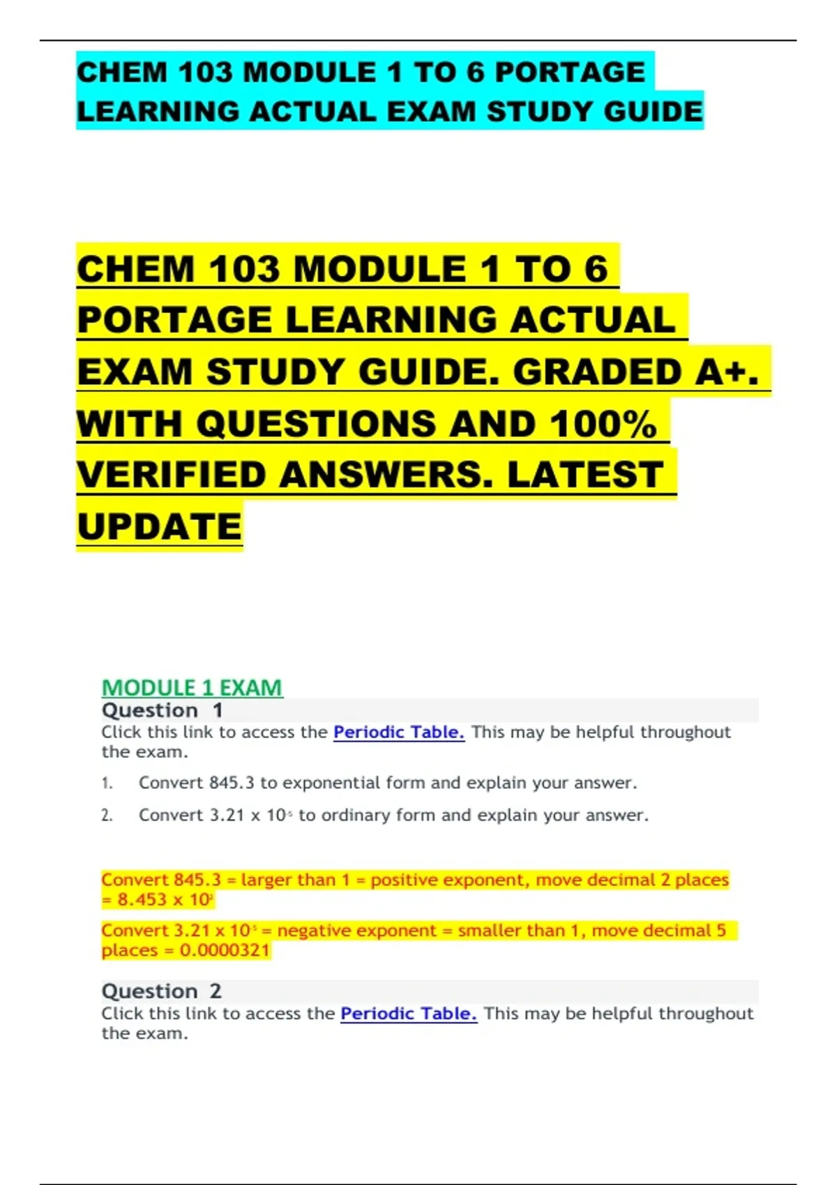CHEM 103 MODULE 1 TO 6 PORTAGE LEARNING ACTUAL EXAM STUDY GUIDE Convert 3.21 x 10-5 negative ...