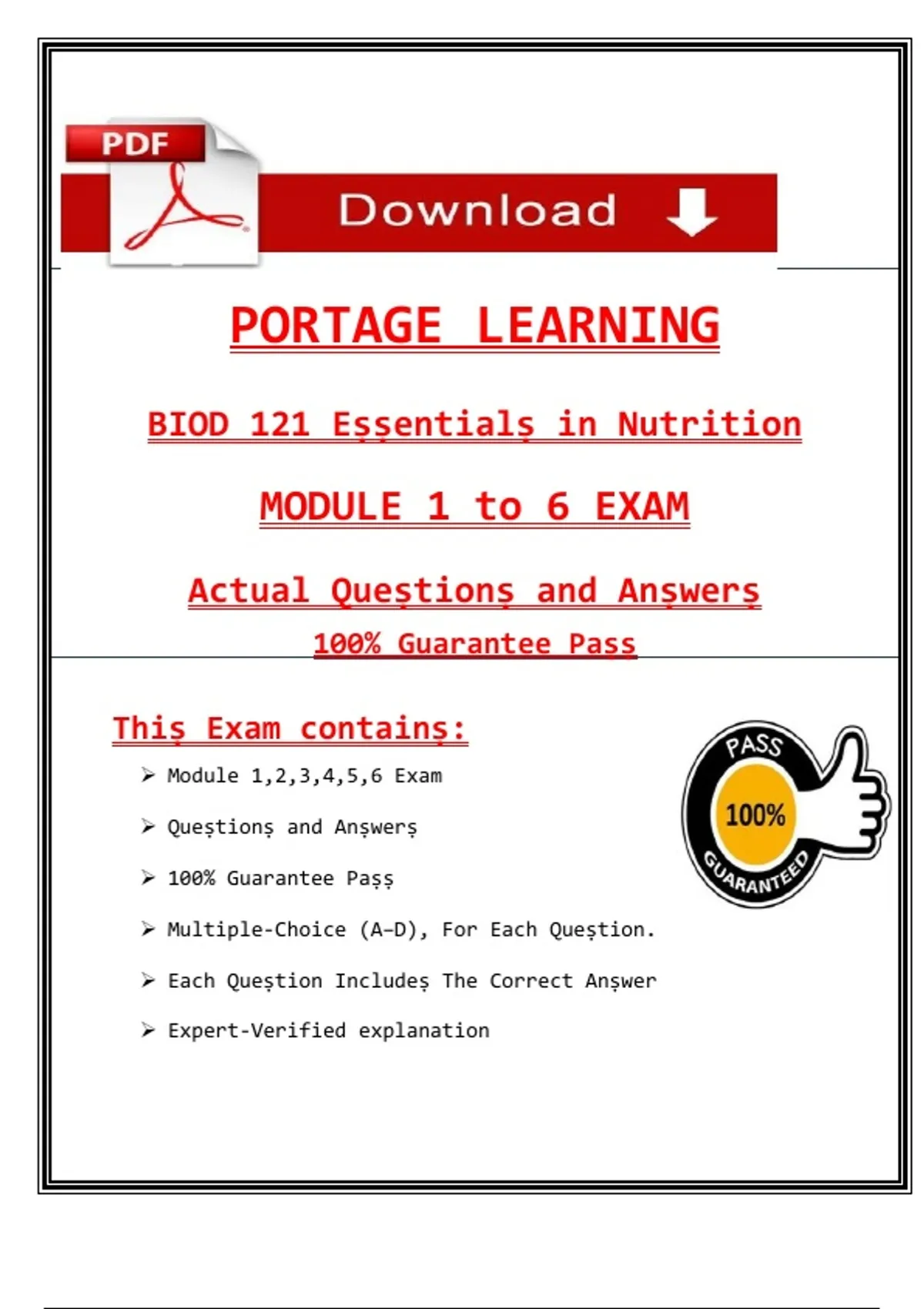 Nutrition BIOD 121 Module 1 to 6 Exam (2025 / 2026) Qs and Ans, Portage Learning / Geneva ...