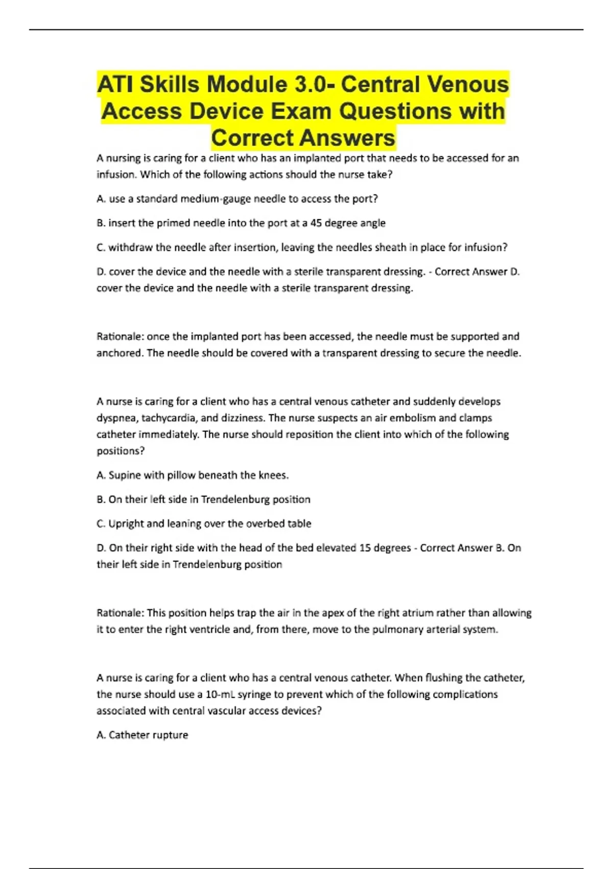 ATI Skills Module 3.0- Central Venous Access Device Exam Questions with ...