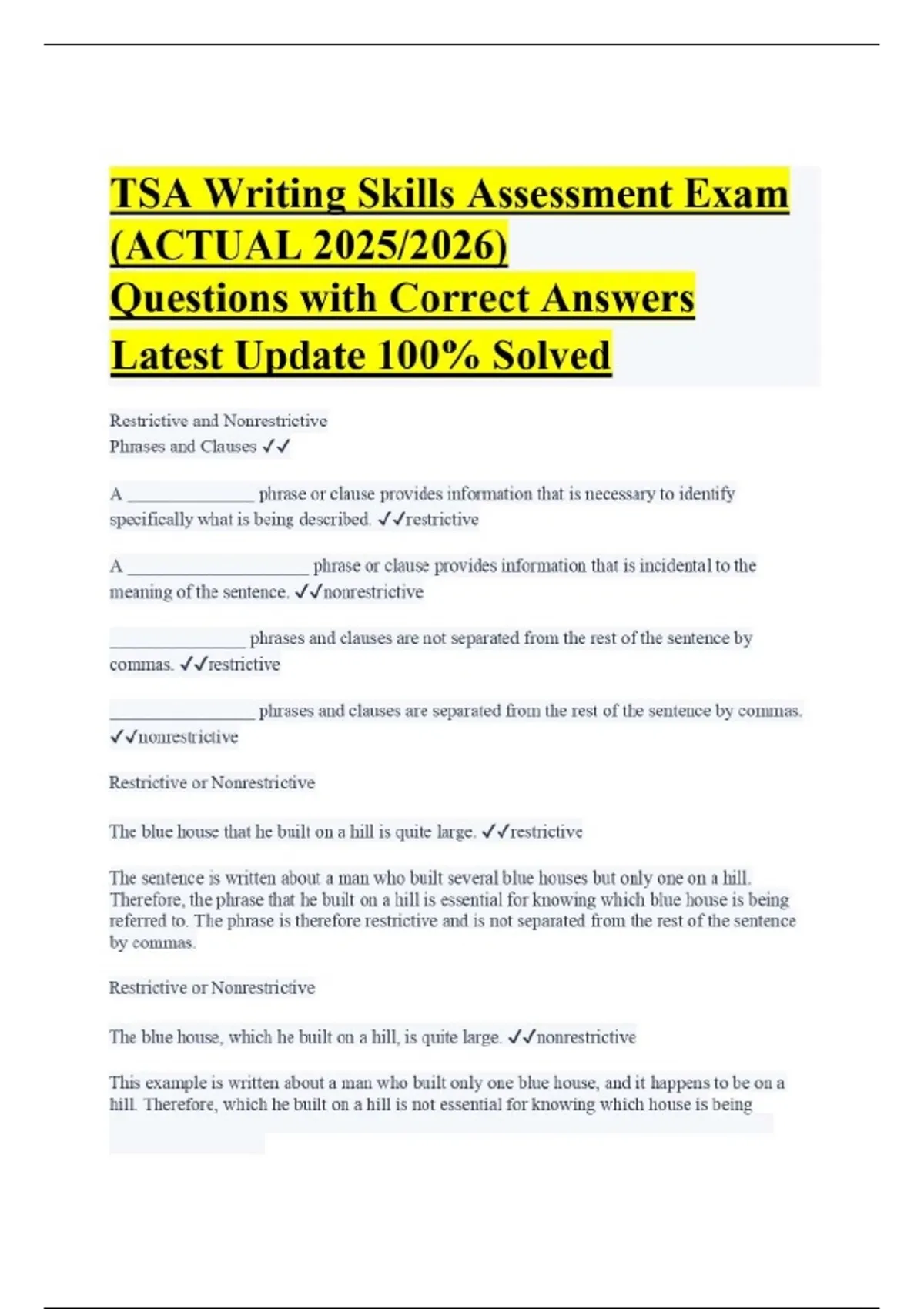 TSA Writing Skills Assessment Exam (ACTUAL 2025/2026) Questions with ...