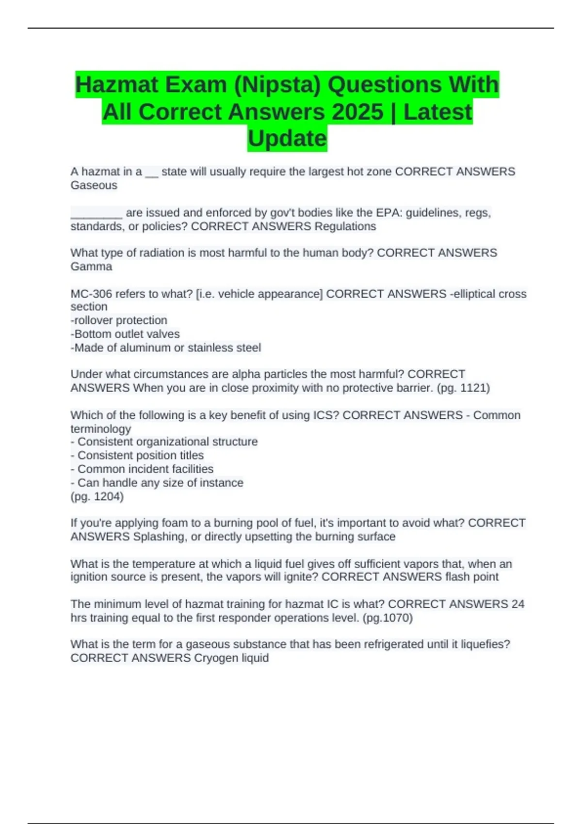 Hazmat Exam (Nipsta) Questions With All Correct Answers 2025 | Latest ...
