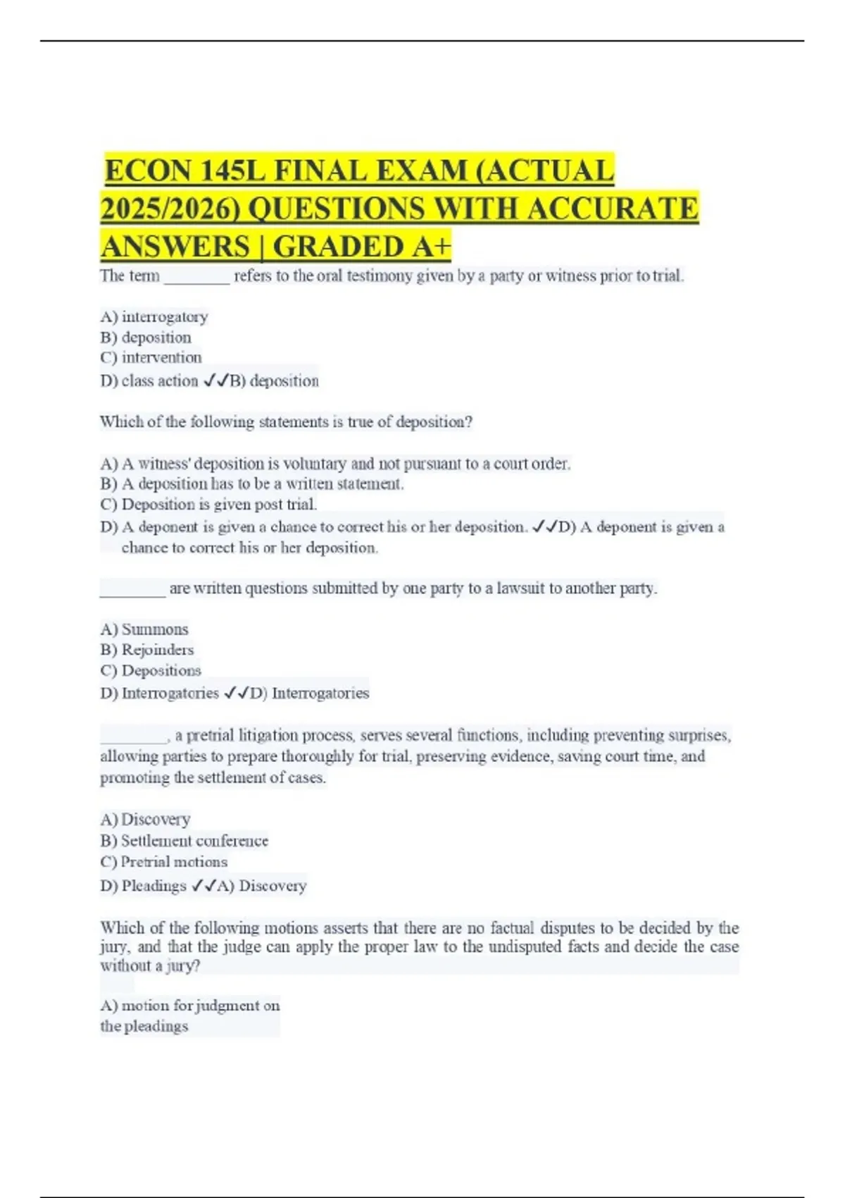 ECON 145L FINAL EXAM (ACTUAL 2025/2026) QUESTIONS WITH ACCURATE ANSWERS | GRADED A+ - ECON 145 ...