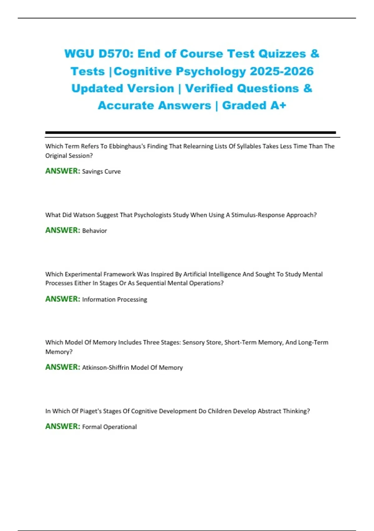 WGU D570: End of Course Test Quizzes & Tests | Cognitive Psychology ...